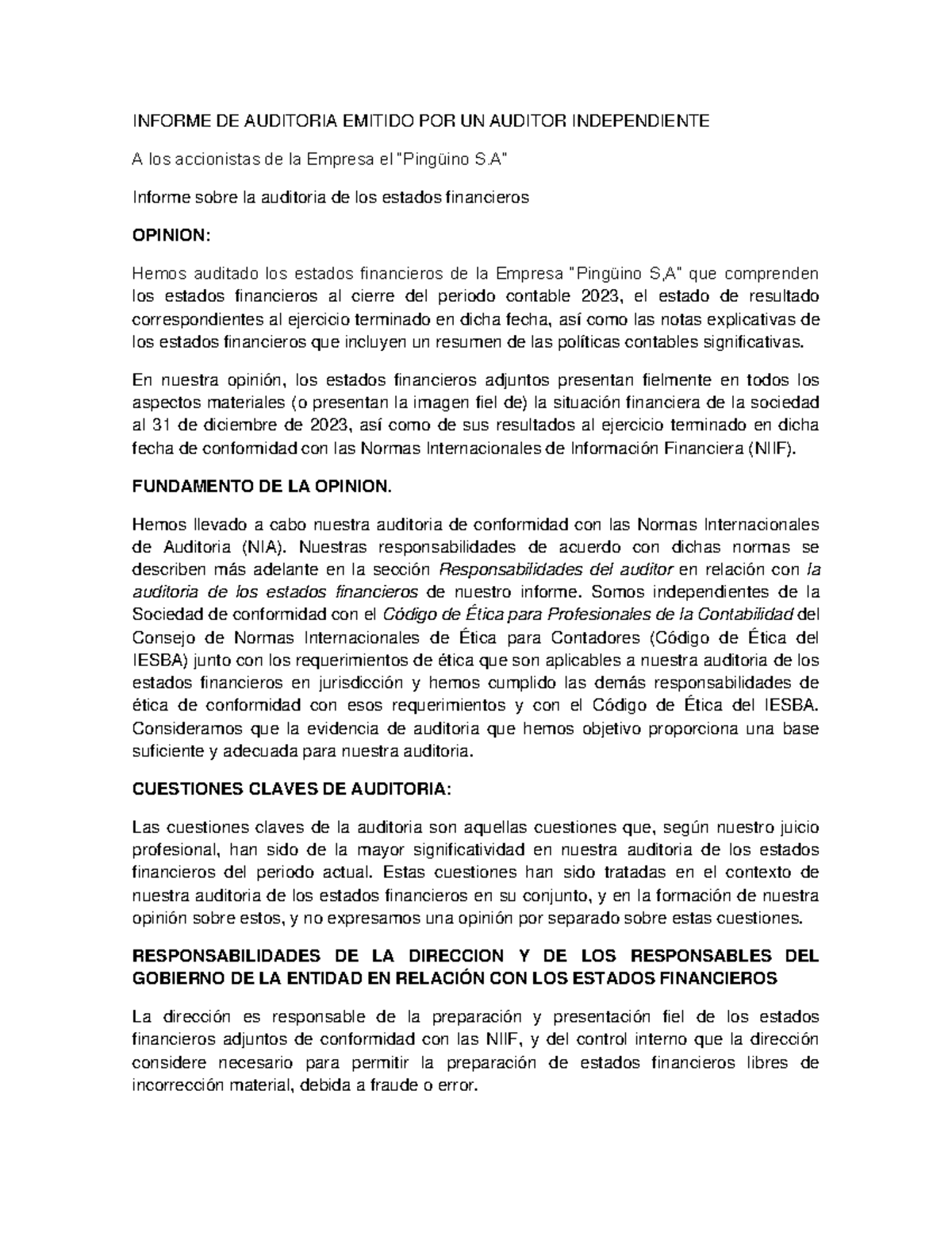 Informe DE Auditoria - INFORME DE AUDITORIA EMITIDO POR UN AUDITOR ...