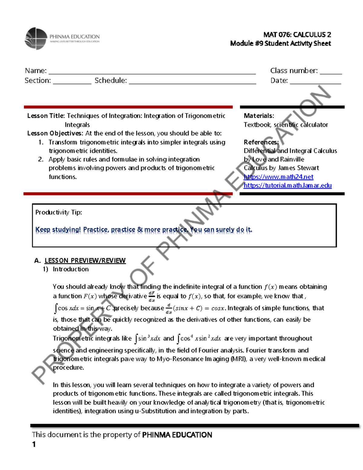 Upang CEA Common MAT076 SAS-9-1 - Module #9 Student Activity Sheet Name ...
