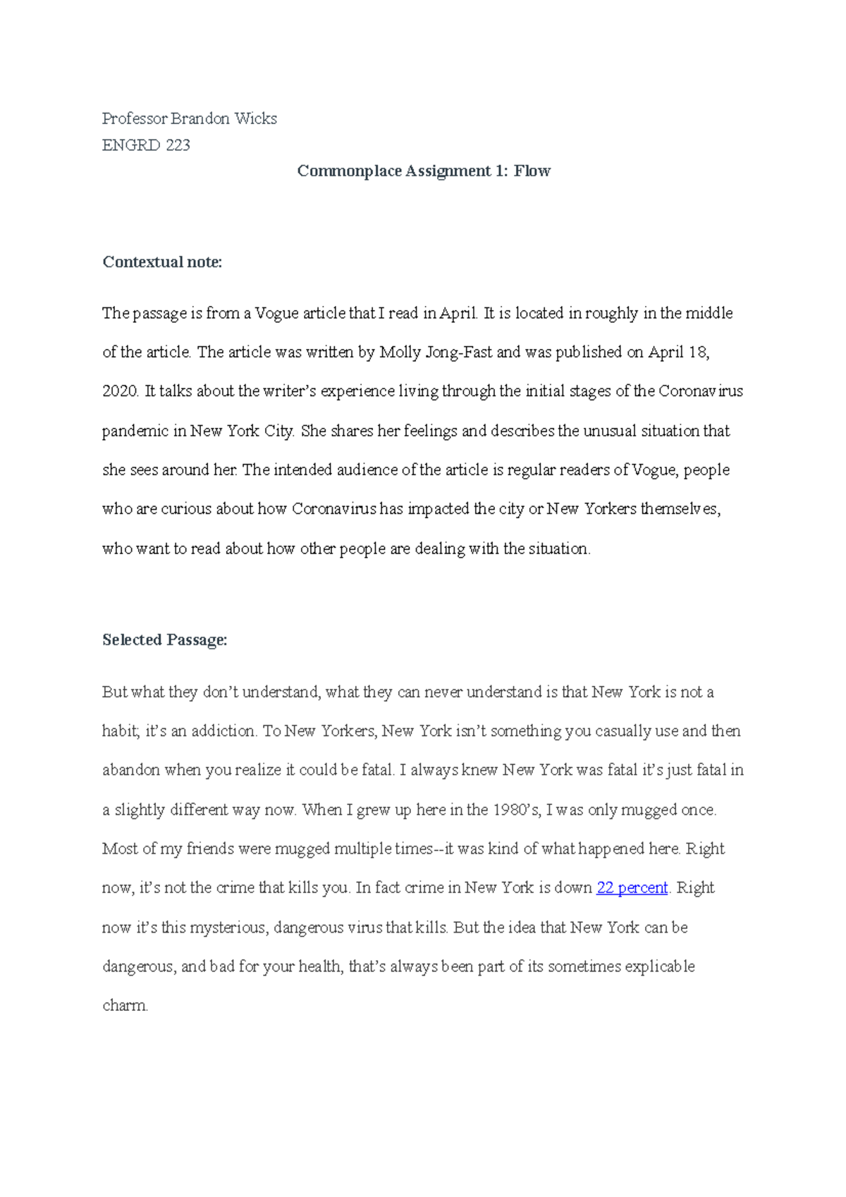 Commonplace Assignment 1 - Professor Brandon Wicks ENGRD 223 ...