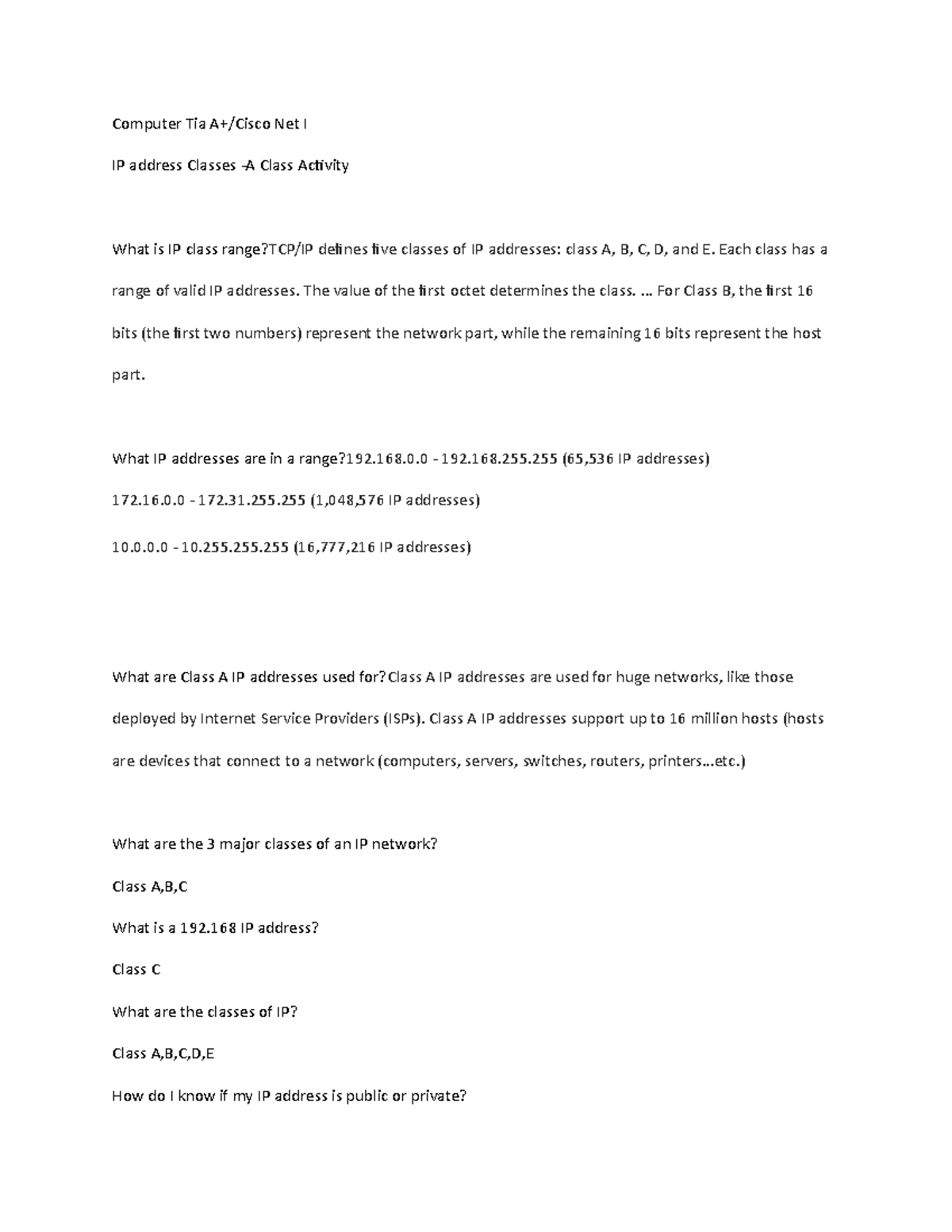 Ip Address Classes A Class Activity Each Class Has A Range Of Valid Ip Addresses The Value