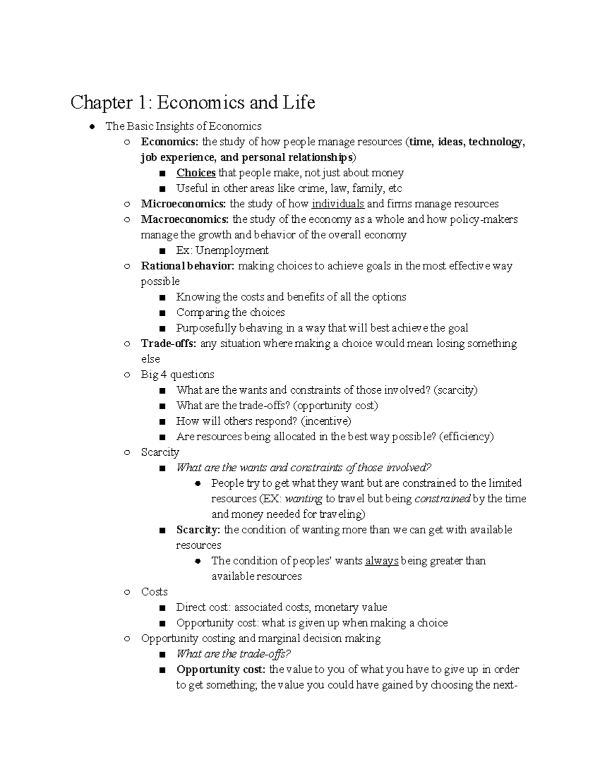 Chapters 1-6 - Textbook notes - Chapter 1: Economics and Life The Basic ...