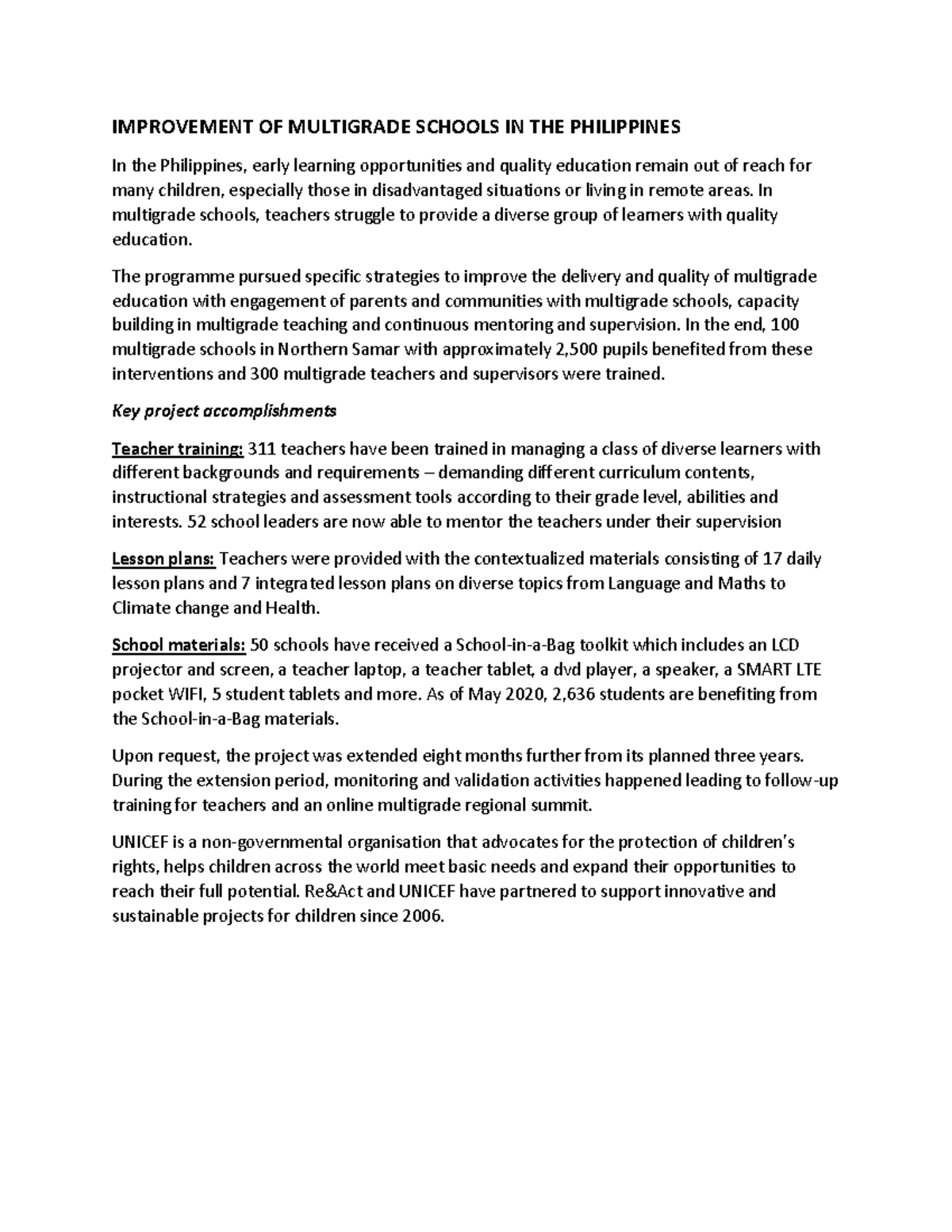 Improvement OF Multigrade Schools IN THE Philippines IMPROVEMENT OF