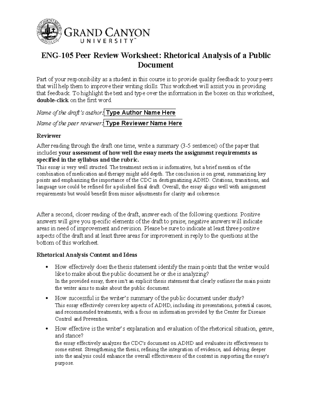 ENG-105-RS-Rhetorical Analysis Peer Review Worksheet Online - ENG-105 ...