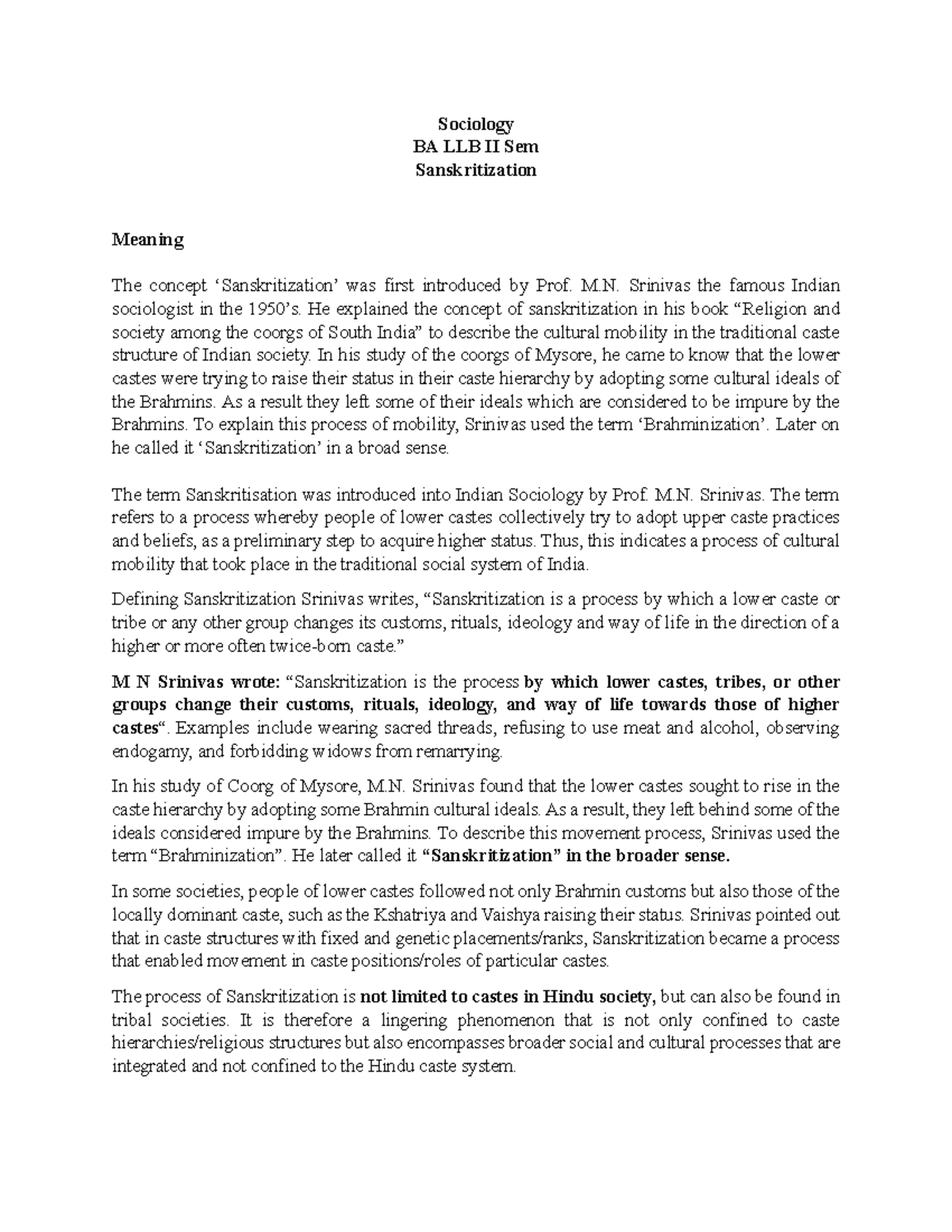 Sanskritization - Sociology BA LLB II Sem Sanskritization Meaning The ...