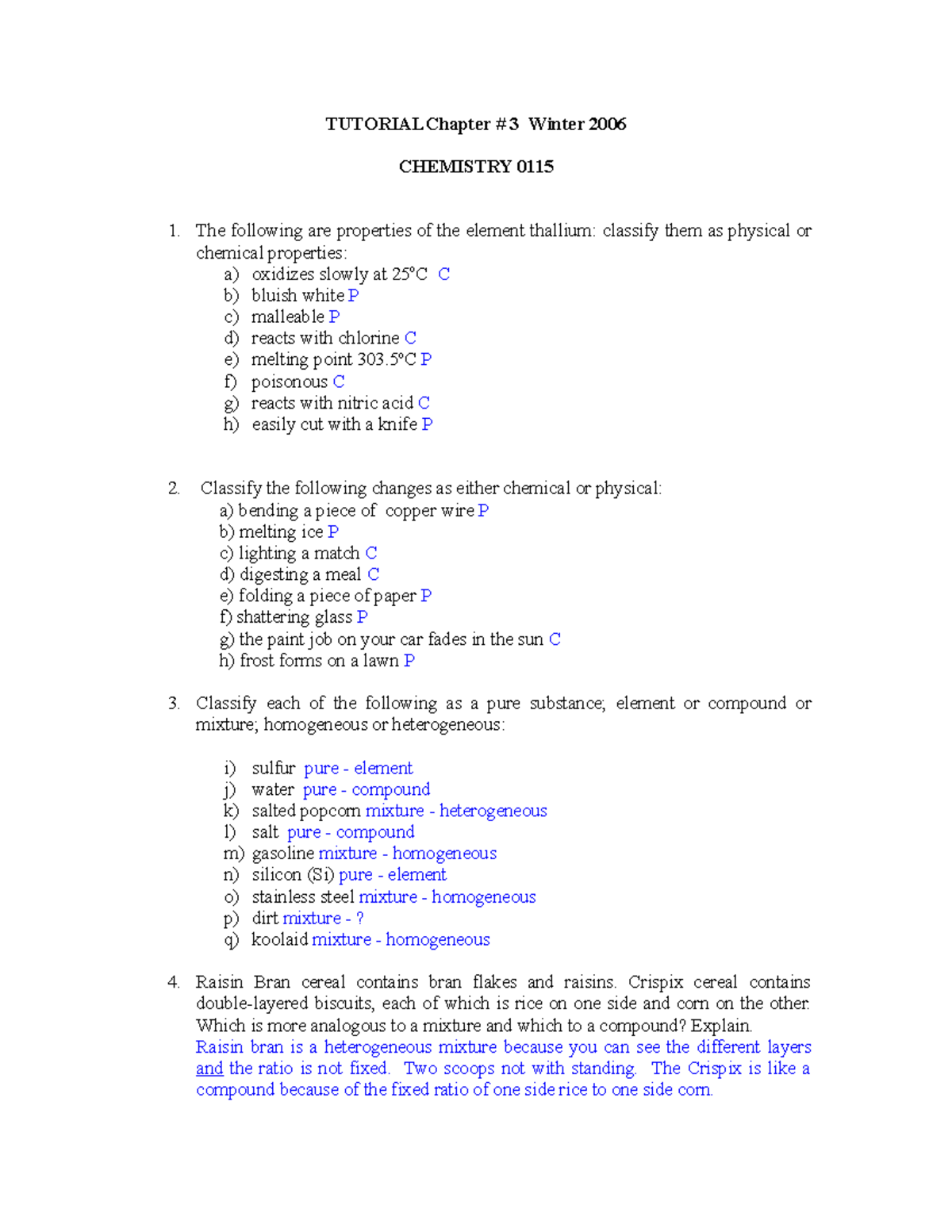 Chem 0115 Tutorial 2 Chapter 3 answers - TUTORIALChapter # 3 Winter ...