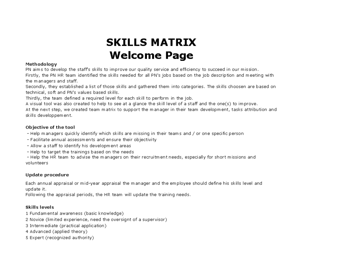 Skill-matrix - SKILLS MATRIX Welcome Page Methodology PN aims to ...