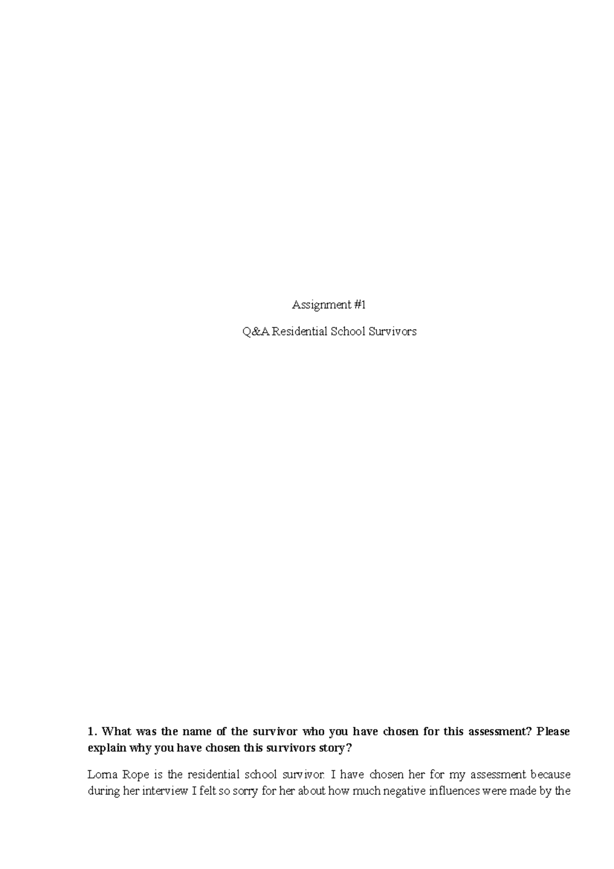 GNED250 Assignment 1 - Assignment # Q&A Residential School Survivors 1 ...