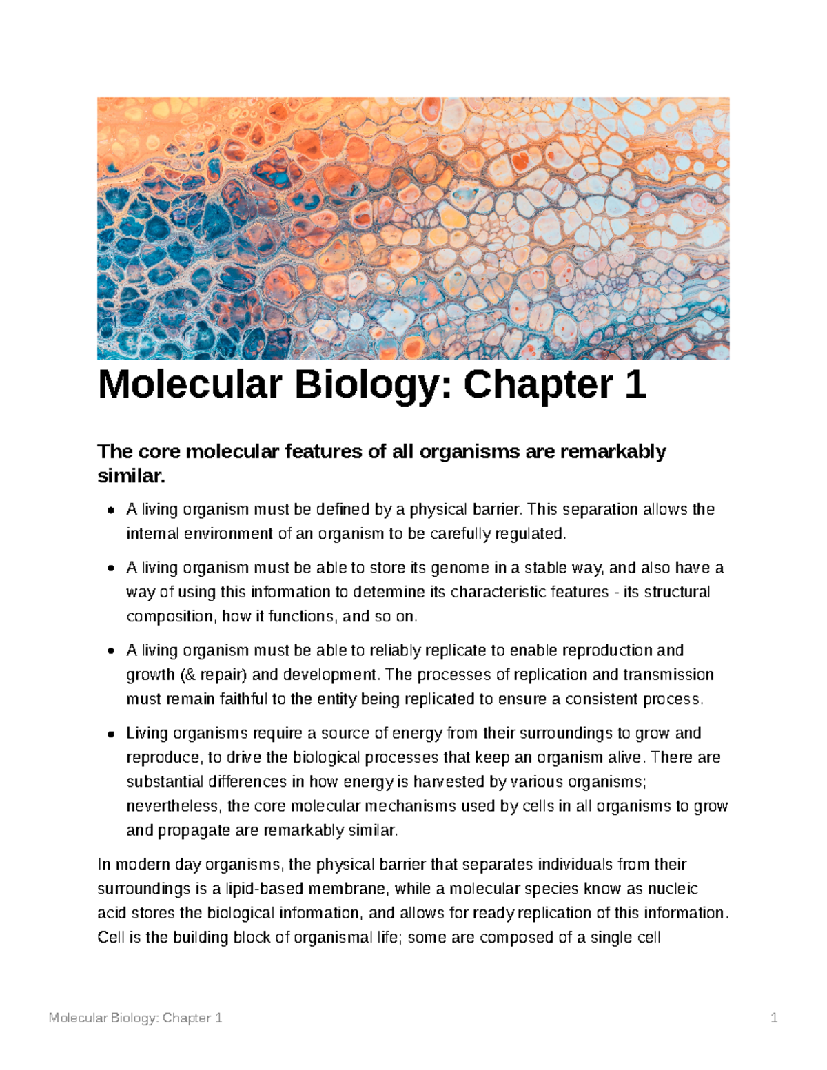 Molecular Biology Chapter 1 - A living organism must be defined by a ...