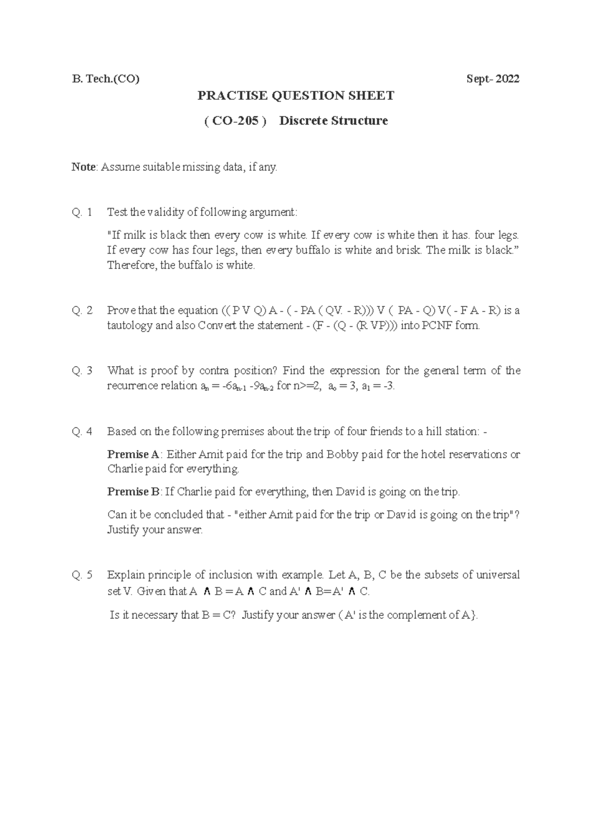 Discrete Structures Important practise questions - B. Tech.(CO) Sept- 2022 PRACTISE QUESTION ...