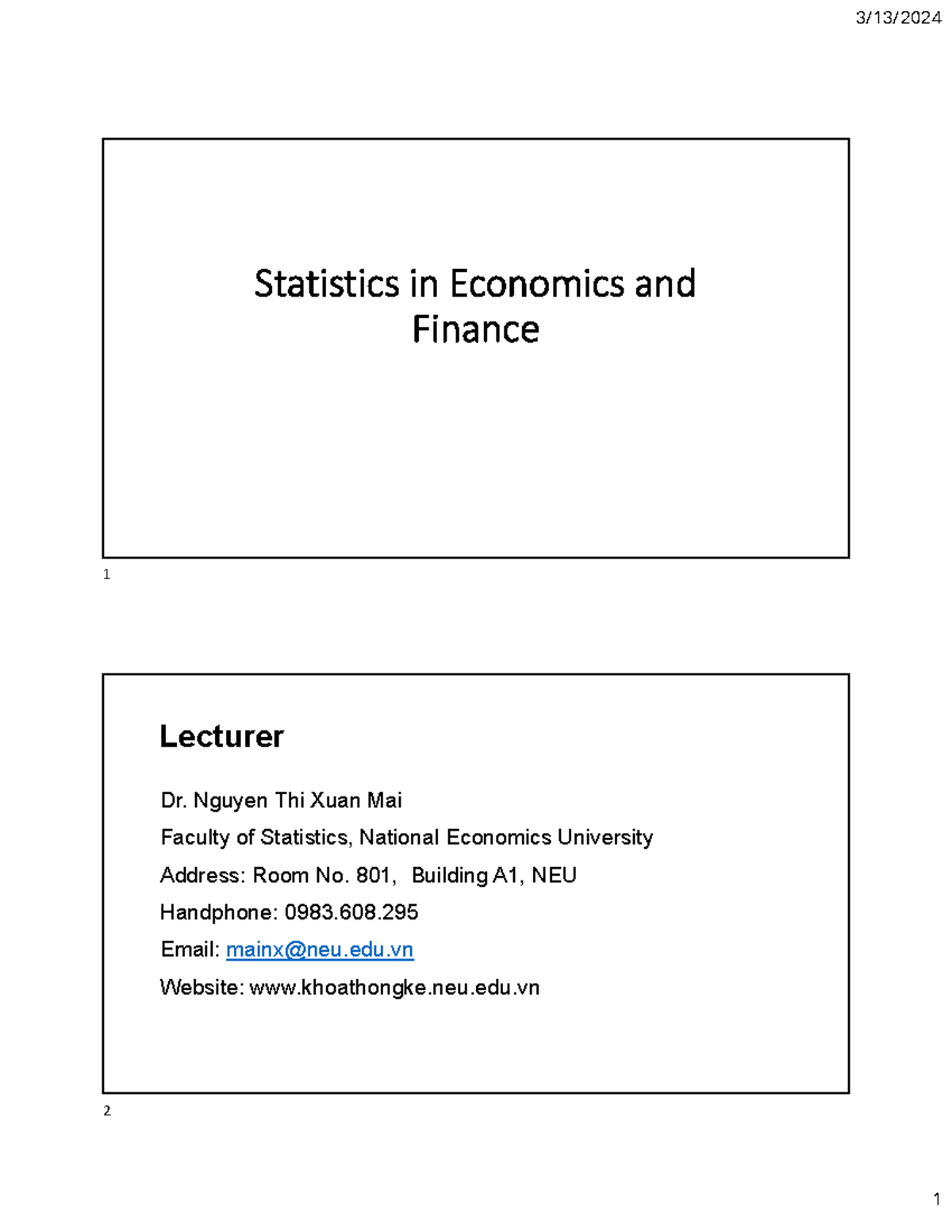 Chapter 1 - Statistics in Economics and Finance Lecturer Dr. Nguyen Thi ...