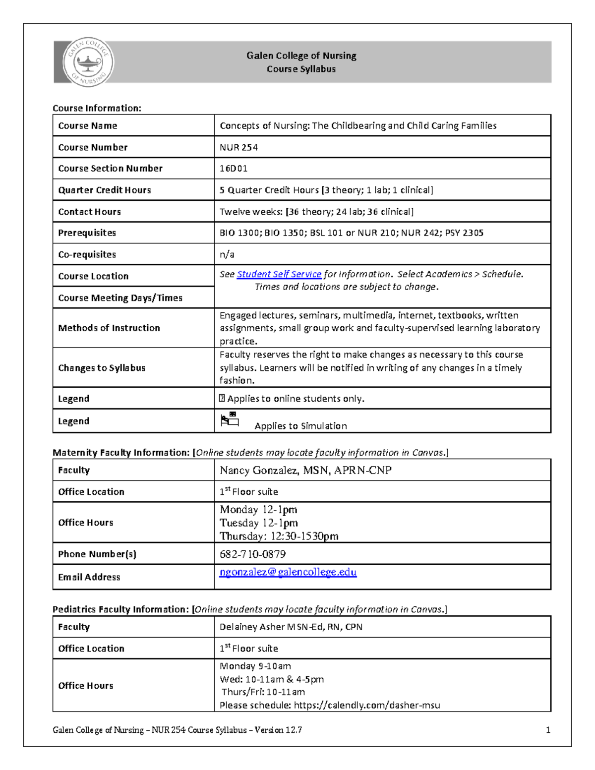 NUR 254 Syllabus Version 12-7 Sum24 Asher Gonzalez - Galen College of ...
