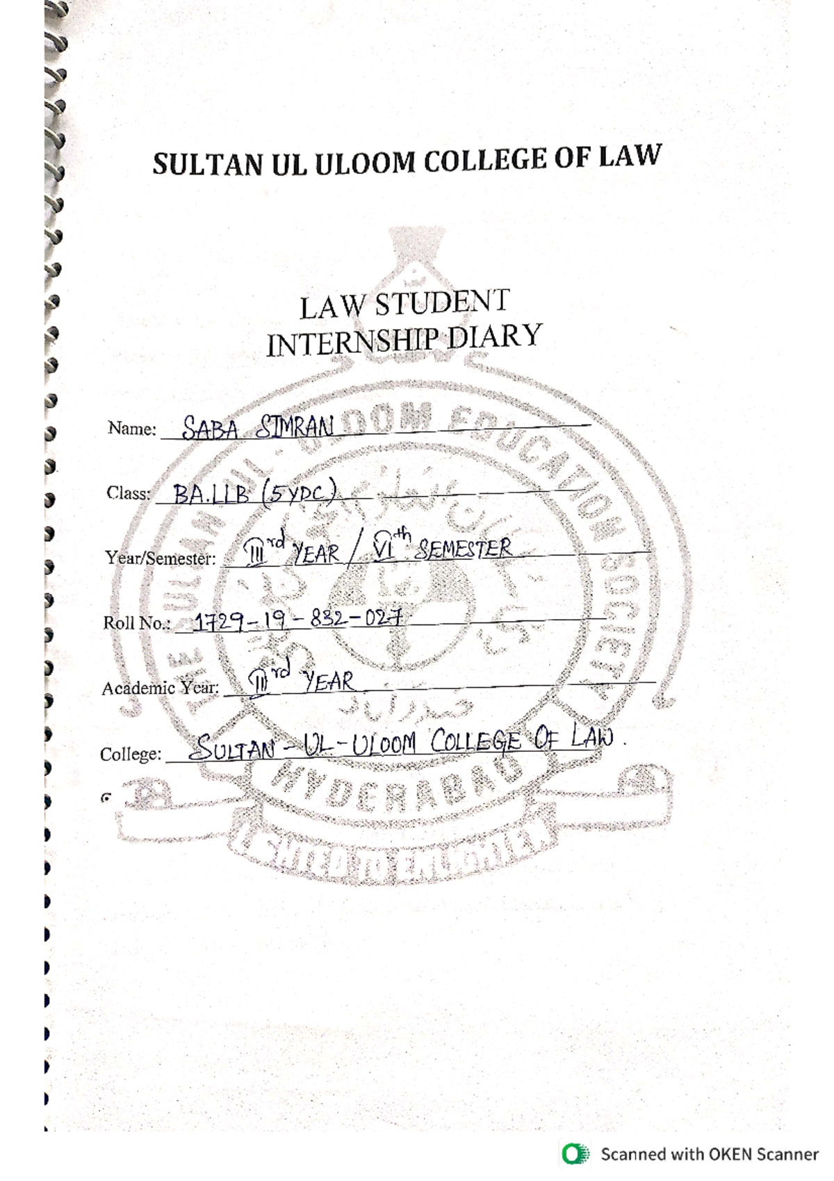 Internship Diary Format - SULTAN UL ULOOM COLLEGE OF LAW LAW STUDENT ...