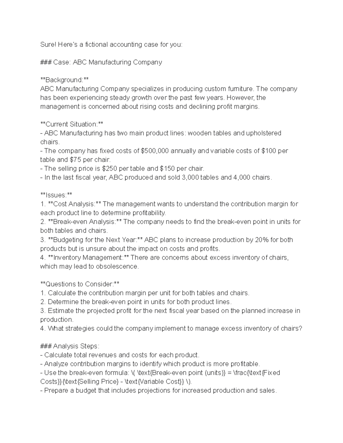 ABC Manufacturing Company Case - Sure! Here’s a fictional accounting ...