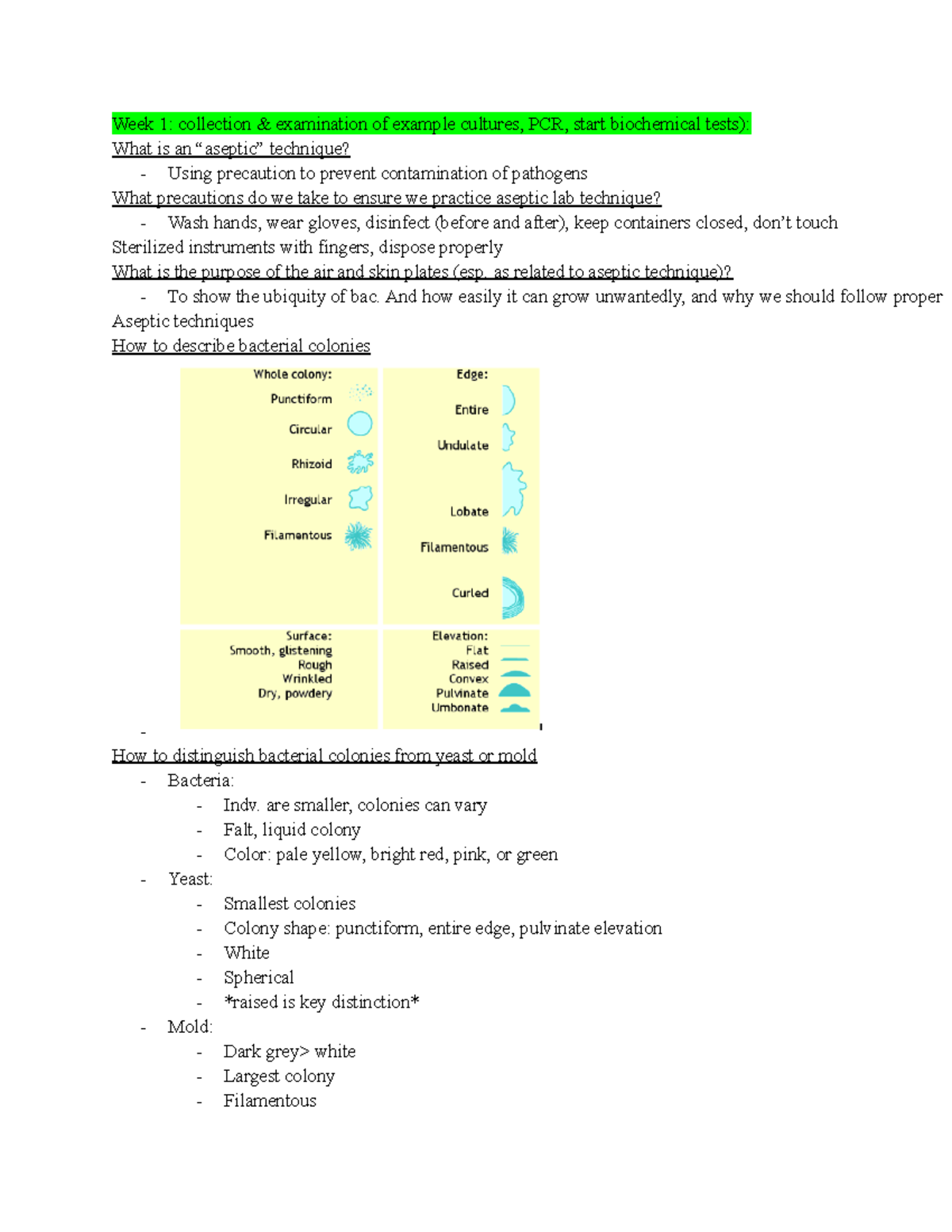 Bacterial Unit Lab - Lab notes / major concepts - Week 1: collection ...