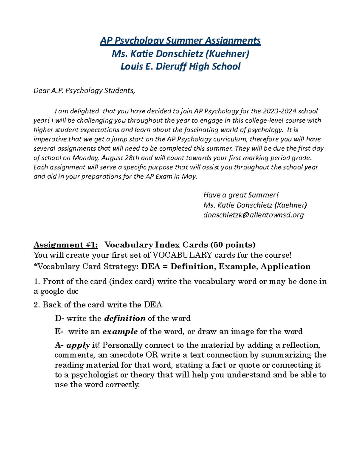 A.P. Psychology Summer Assignments 2023 - AP Psychology Summer ...