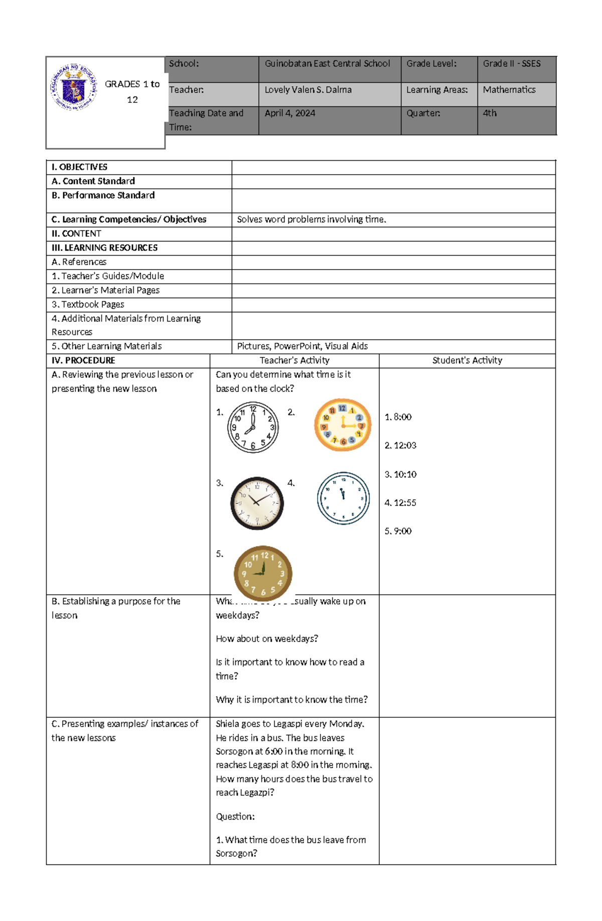 DLP MATH FOR April 4 - lesson plan - School: Guinobatan East Central ...