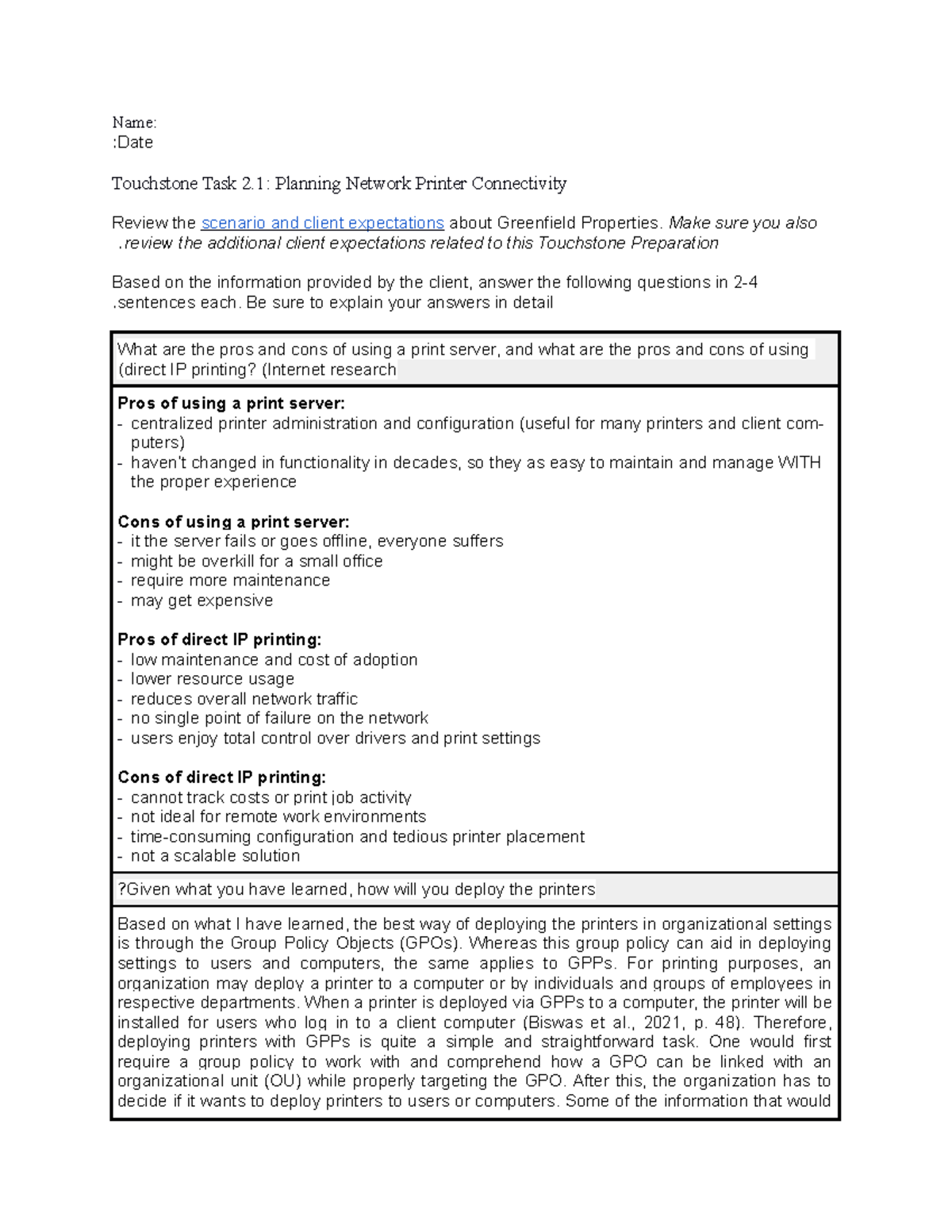 Touchstone Task 2.1 Planning Network Printer Connectivity Questions - Name: : Date Touchstone ...