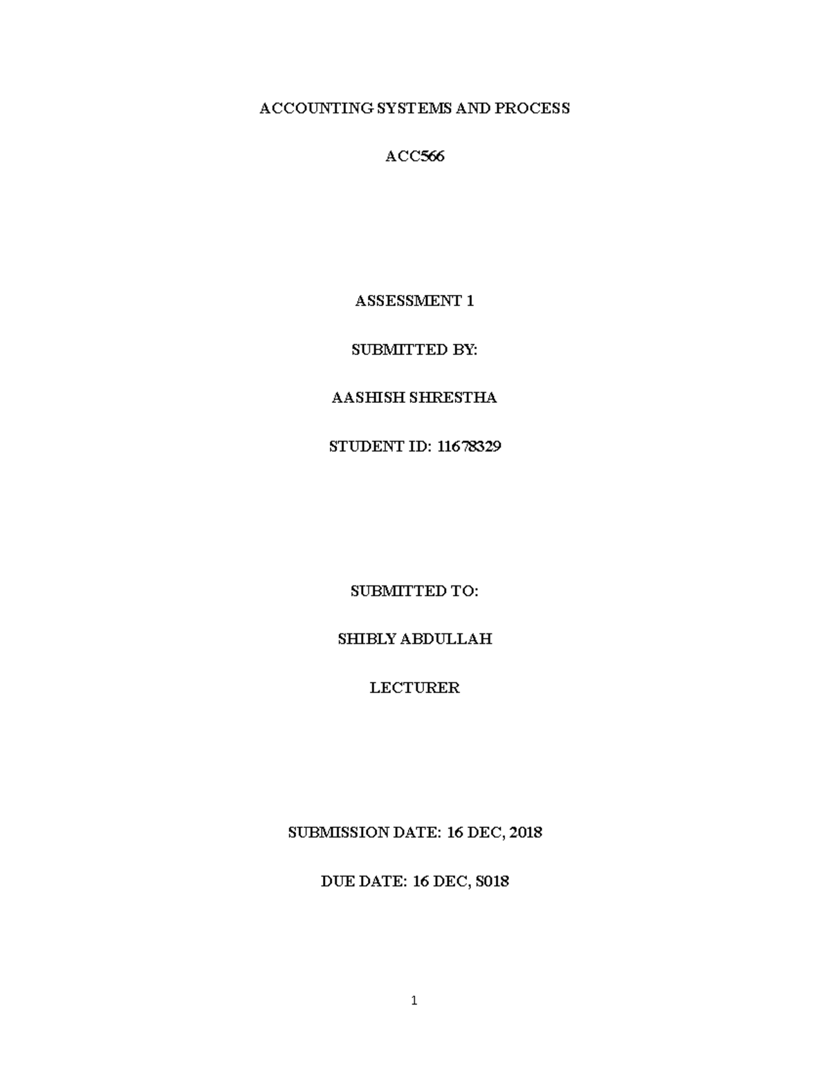 ACC Assignment ACC ACCOUNTING SYSTEMS AND PROCESS ACC ASSESSMENT 1