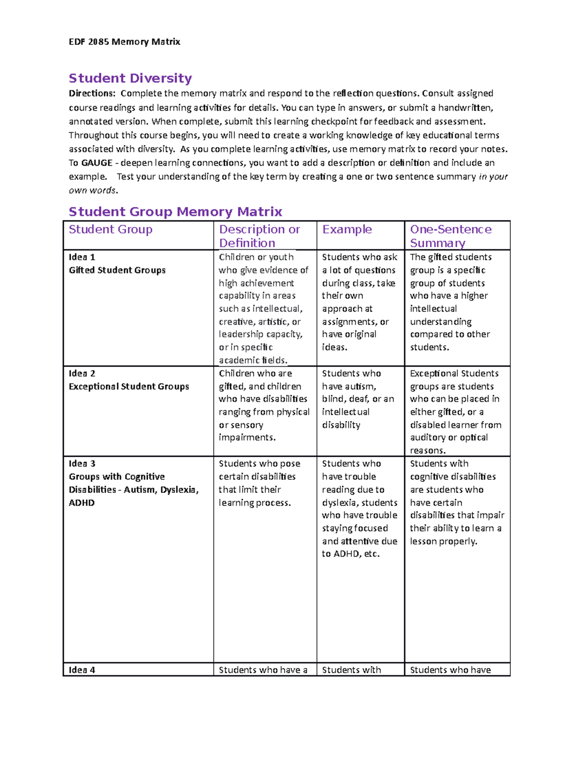 Diverse Student Groups Memory Matrix - EDF 2085 - Student Diversity ...