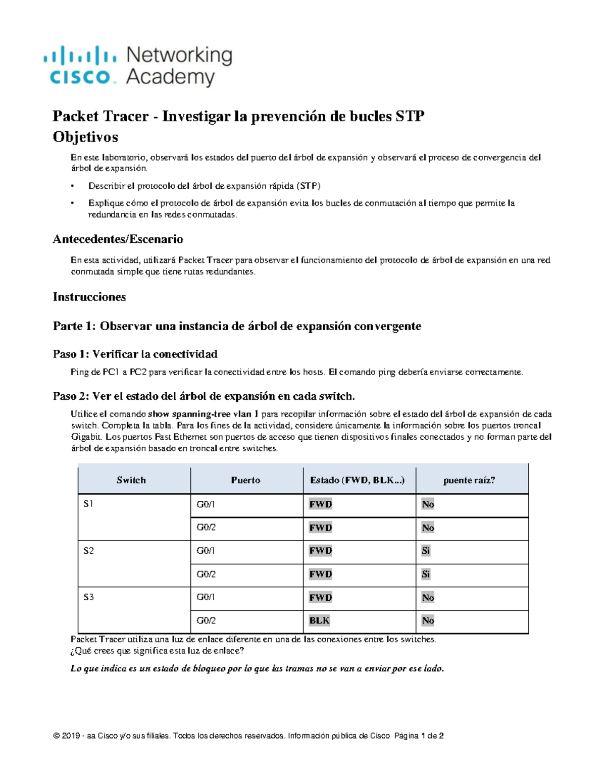 Laboratorio - 5.1.9 Investigate STP Loop Prevention - de enrutamiento ...