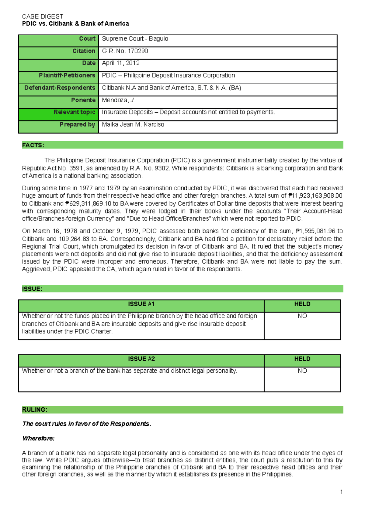CASE Digest Final PDIC VS. Citibanl - CASE DIGEST PDIC vs. Citibank ...