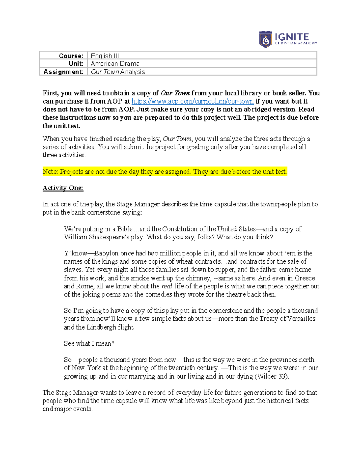 Copy Of Last Name L1107 Our Town Analysis MAT 100 Arizona Christian