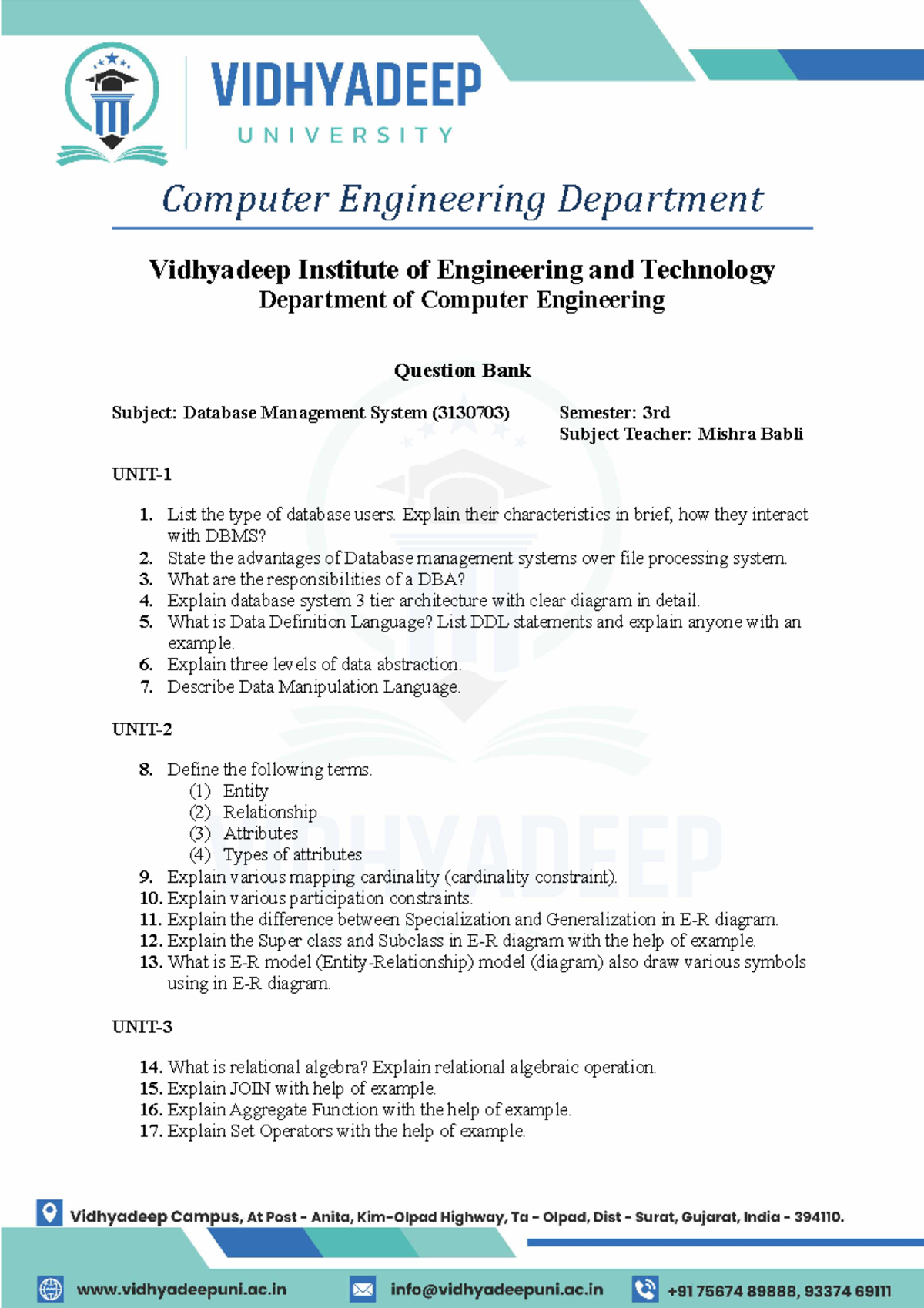 DBMS QB - Computer Engineering Department Vidhyadeep Institute of Engineering and Technology ...