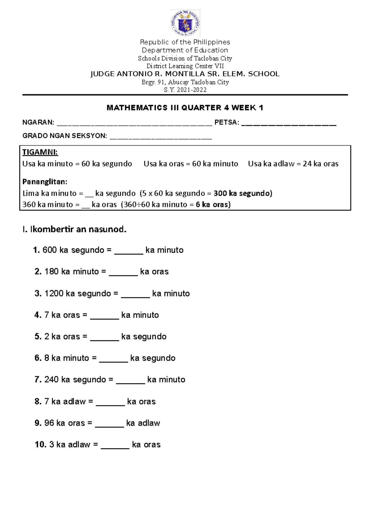 MATH LAS Q4 W1 - modules - Republic of the Philippines Department of ...