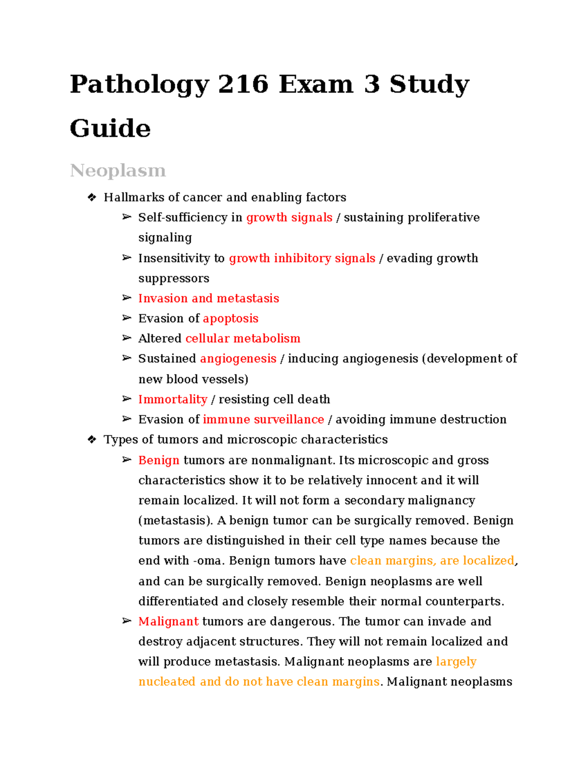 Pathology 216 Exam 3 Study Guide: Neoplasm Hallmarks Types of Tumors ...