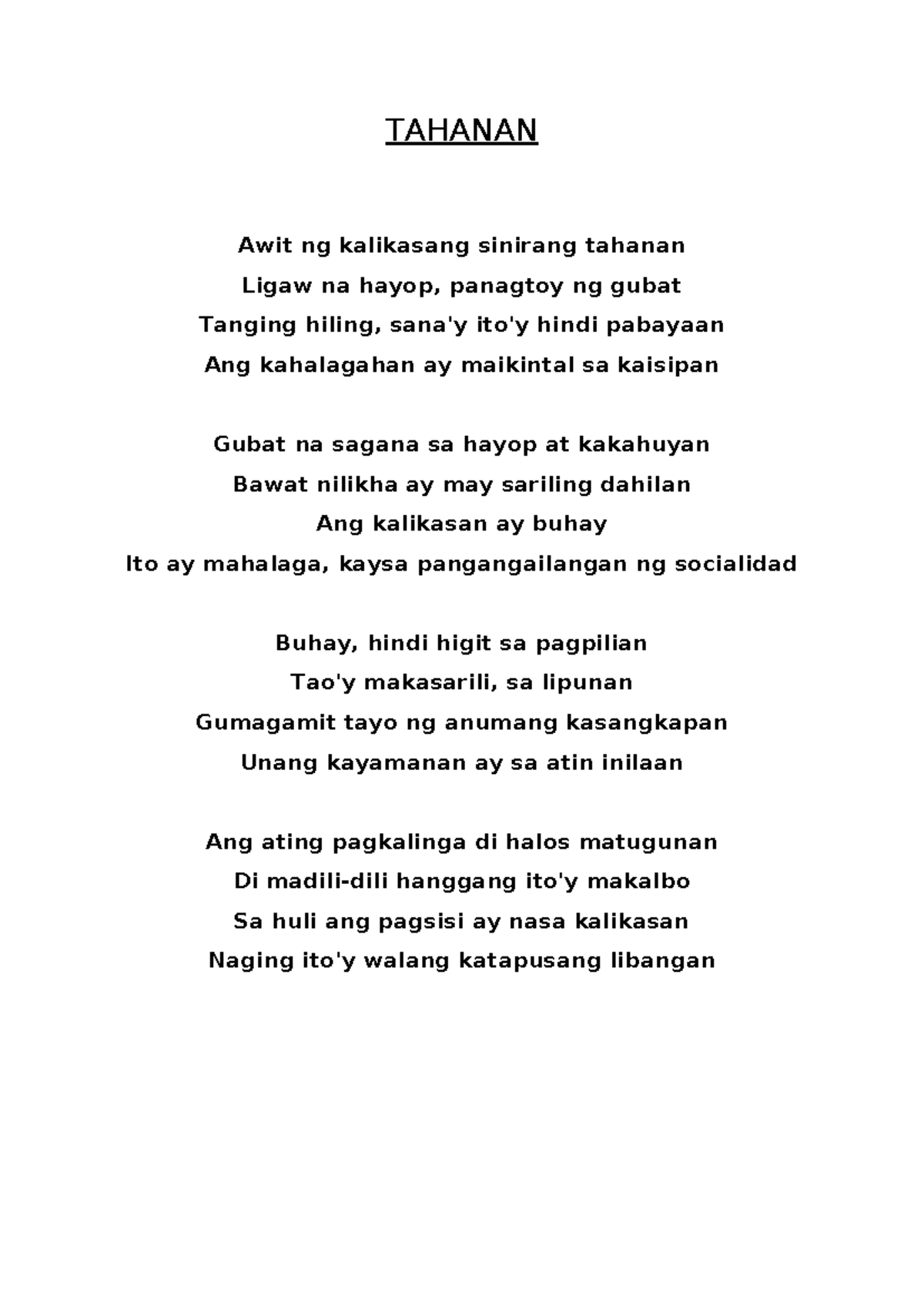 a poem in filipino - TAHANAN Awit ng kalikasang sinirang tahanan Ligaw ...