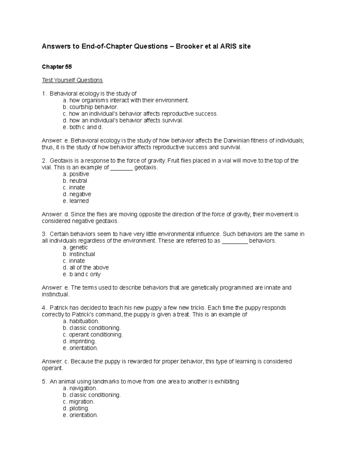 Chapter 55- Behavioral Ecology - Answers to Questions Brooker et al ...