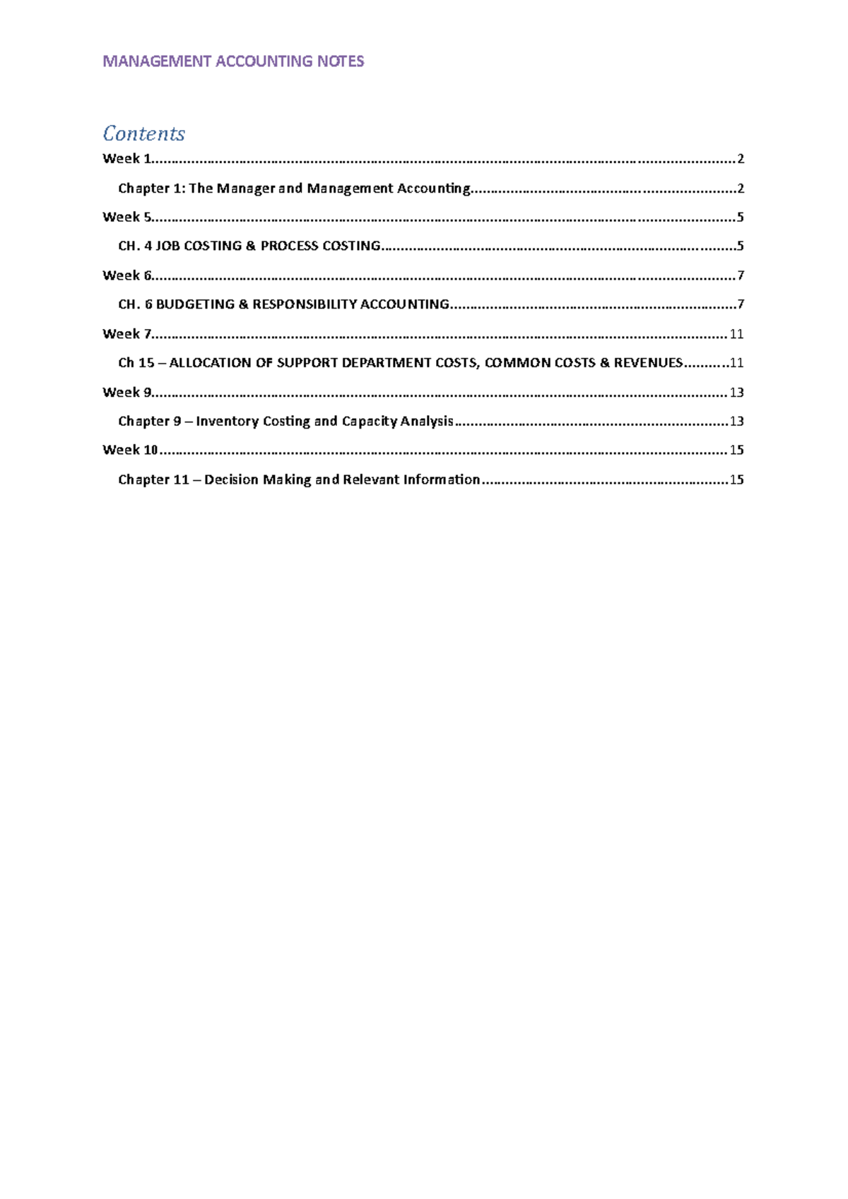 Management accounting notes - Contents Week 1 - Studocu