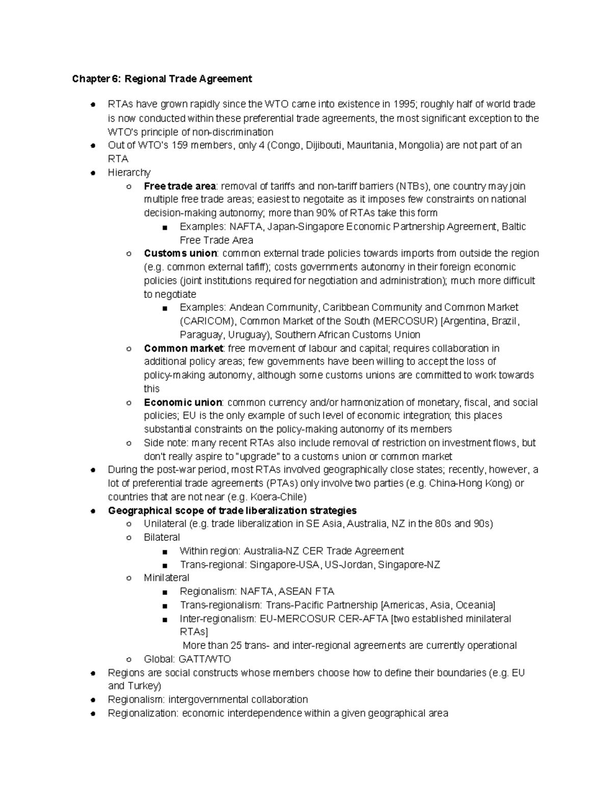 Chapter 6 Notes - ... - Chapter 6: Regional Trade Agreement RTAs have ...