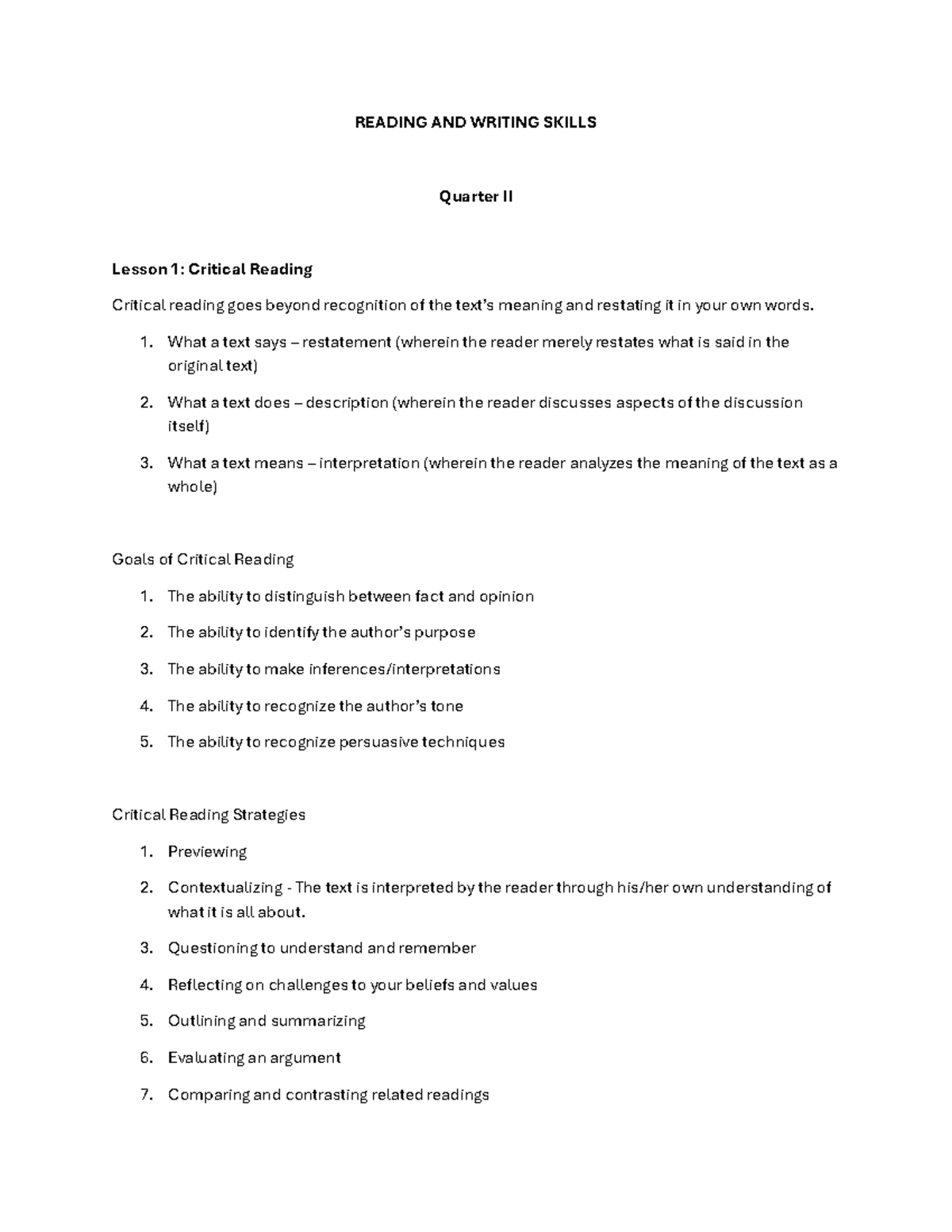 Reading AND Writing Skills - READING AND WRITING SKILLS Quarter II ...