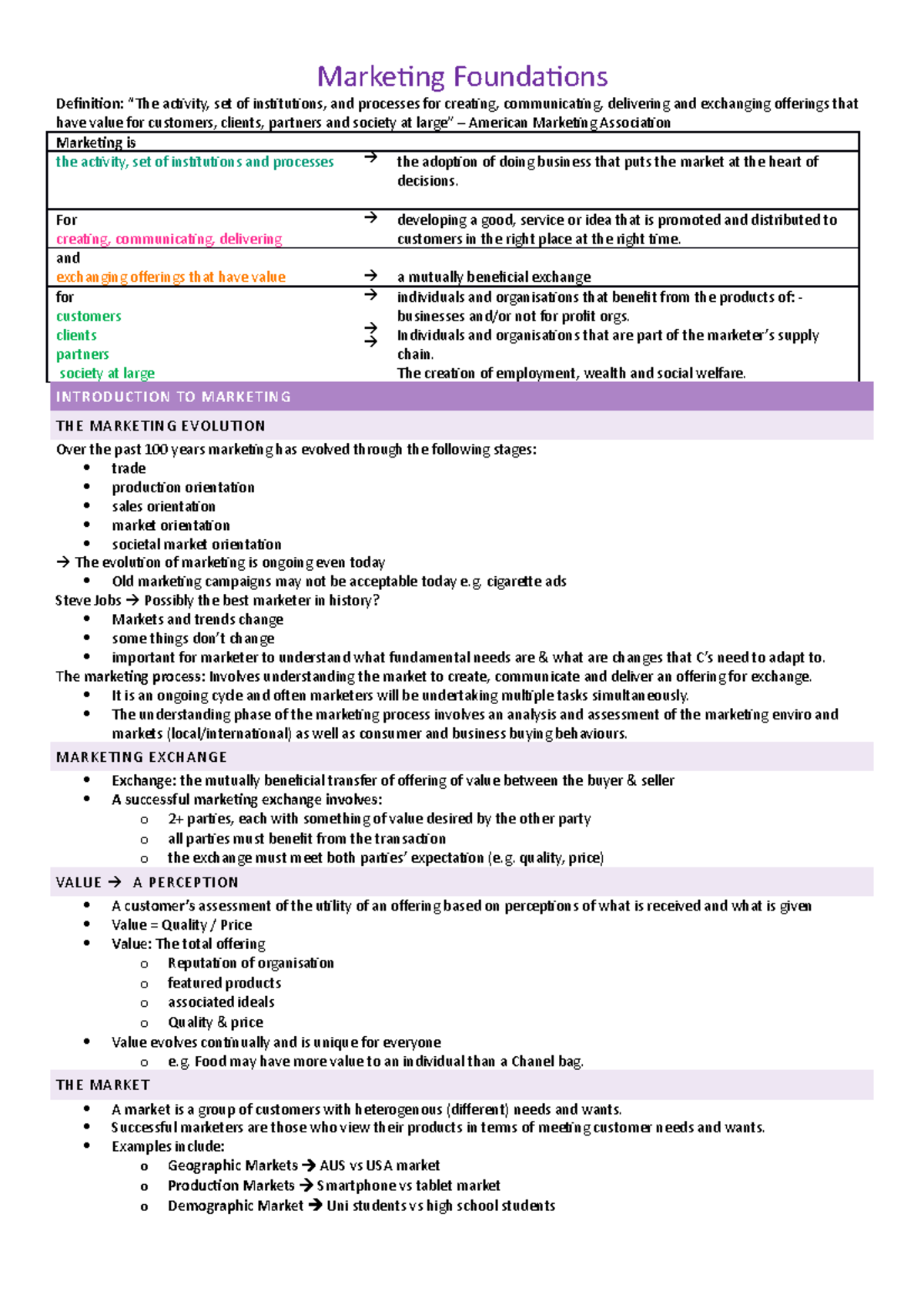 Marketing Foundations - Marketing Foundations Definition: “The activity ...