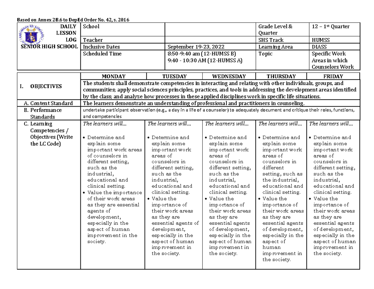 Diass-SEPT 19-23 2022 - Social Science - Based on Annex 2B to DepEd Order No. 42, s. 2016 DAILY ...