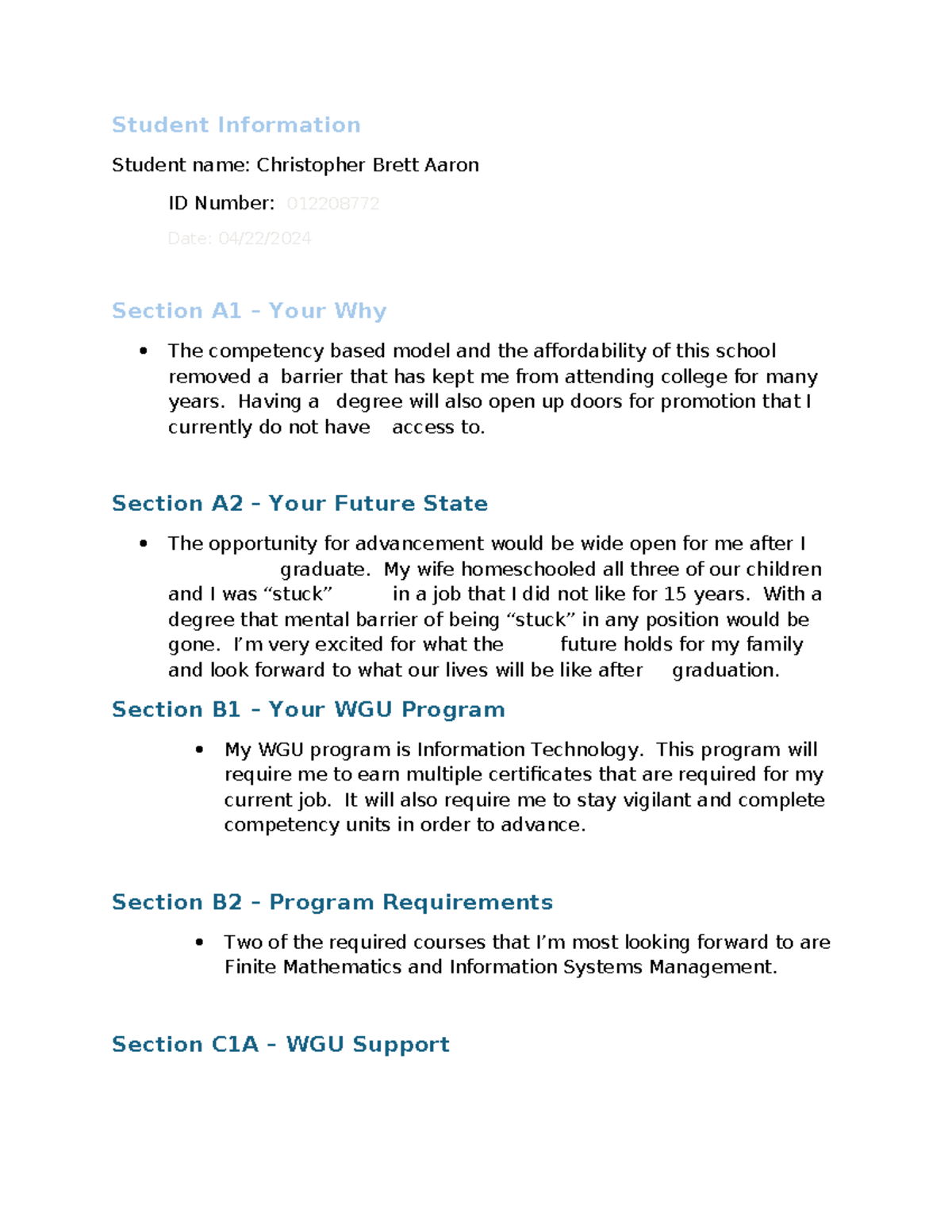 WGU Orientation - Student Information Student name: Christopher Brett ...