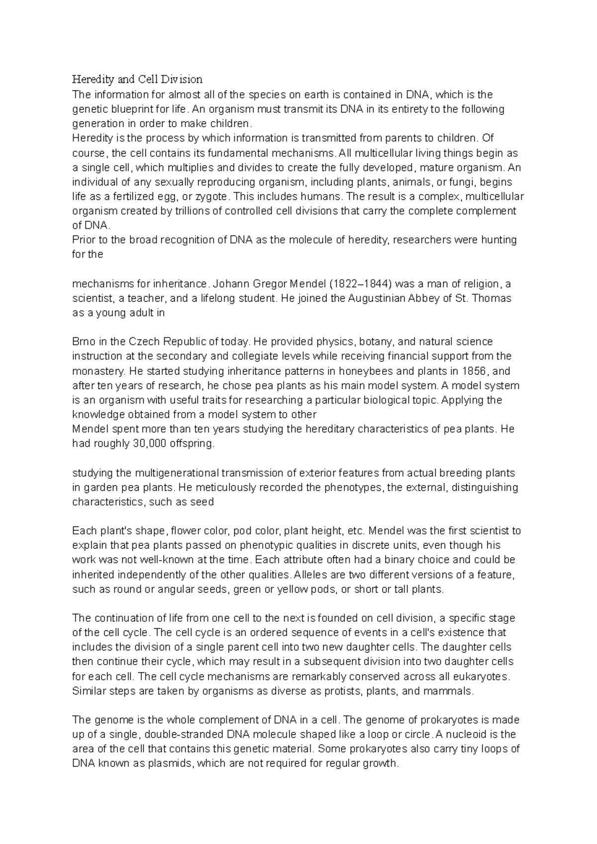 8 - Lecture notes - Heredity and Cell Division The information for ...