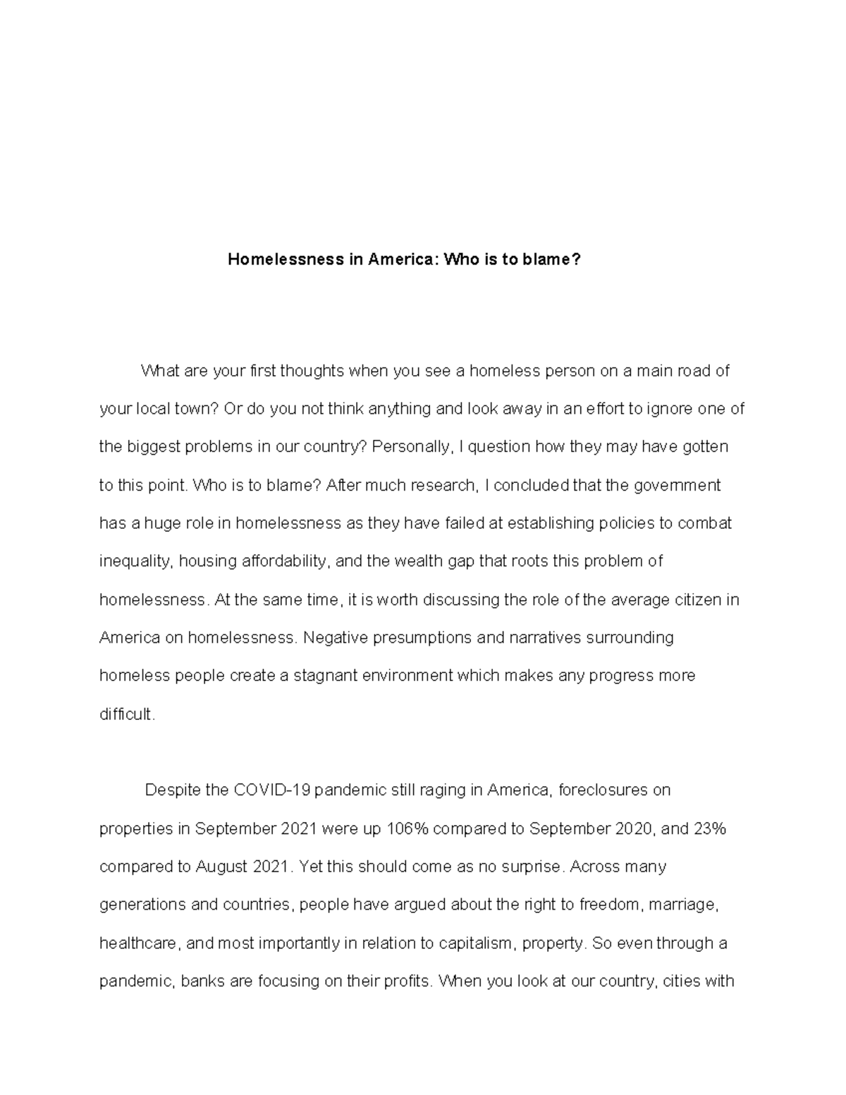 Homelessness Essay - Homelessness in America: Who is to blame? What are ...