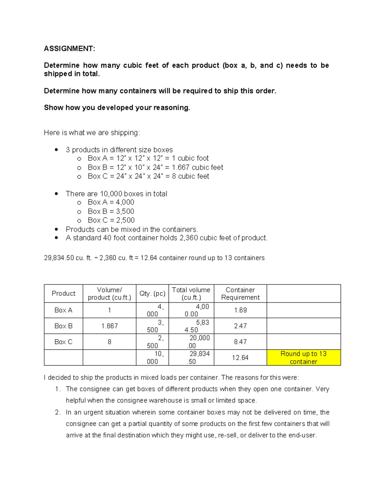 Assignment number 4 shipping container - ASSIGNMENT: Determine how many cubic feet of each ...