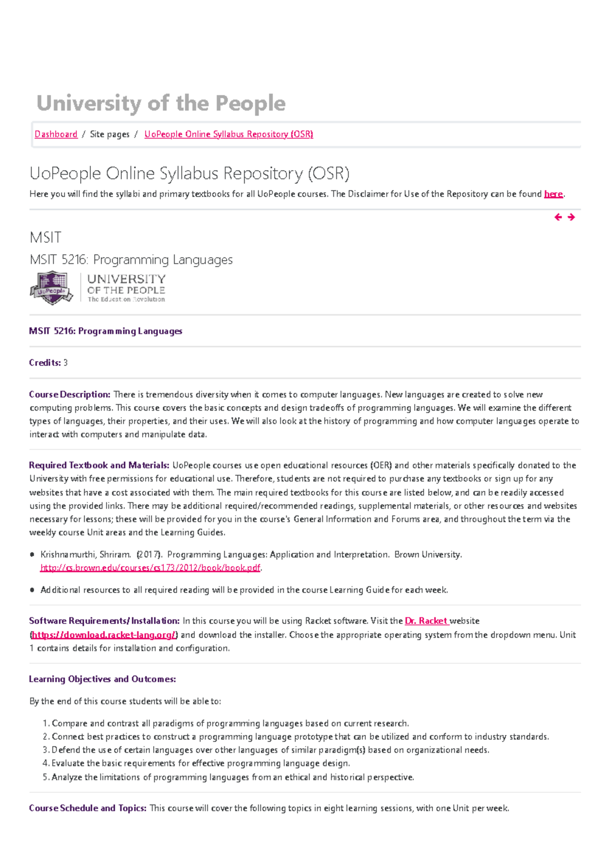 MSIT 5216 Programming Languages summary - University of the People ...