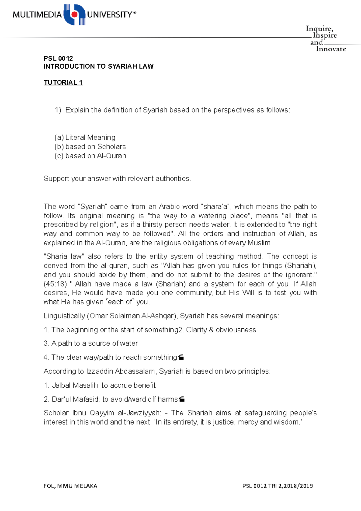 360021 Tutorial 1 syariah law 2020 - Introduction to Syariah Law - MMU ...