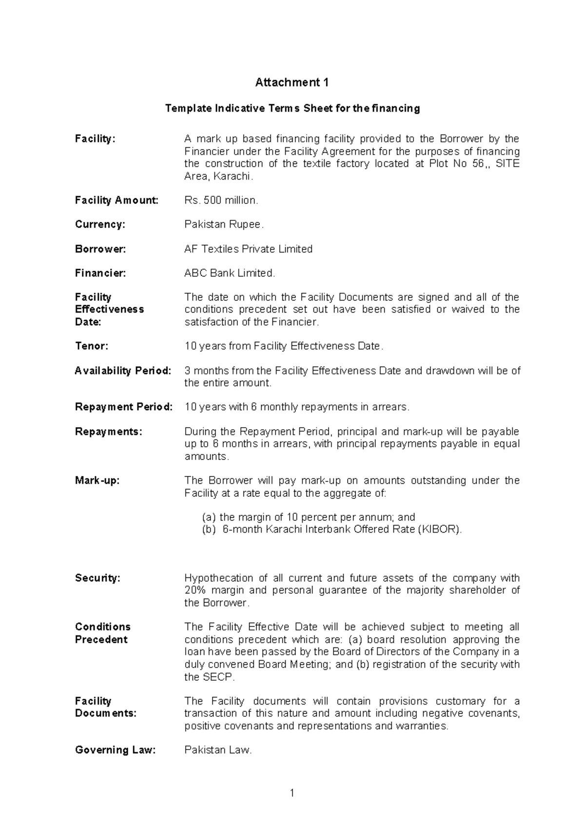 Term Sheet day 3 - Attachment 1 Template Indicative Terms Sheet for the ...