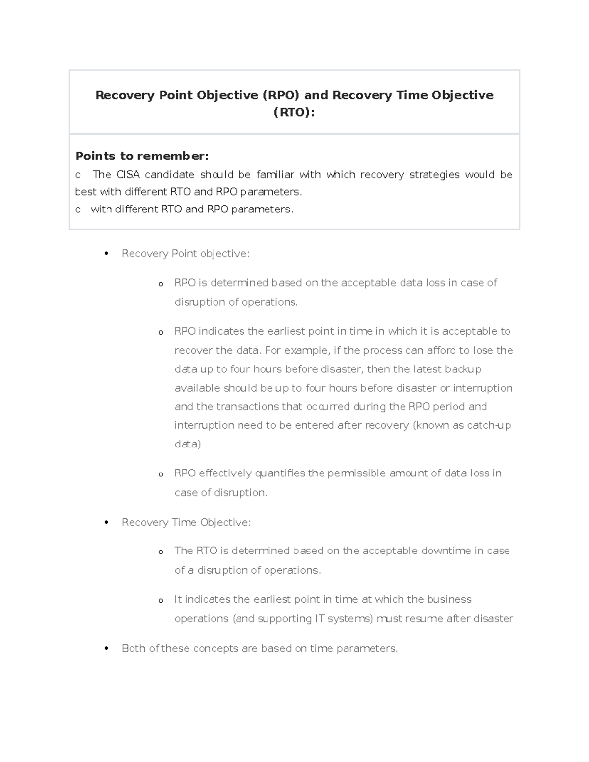 Recovery Point Objective - o with different RTO and RPO parameters ...