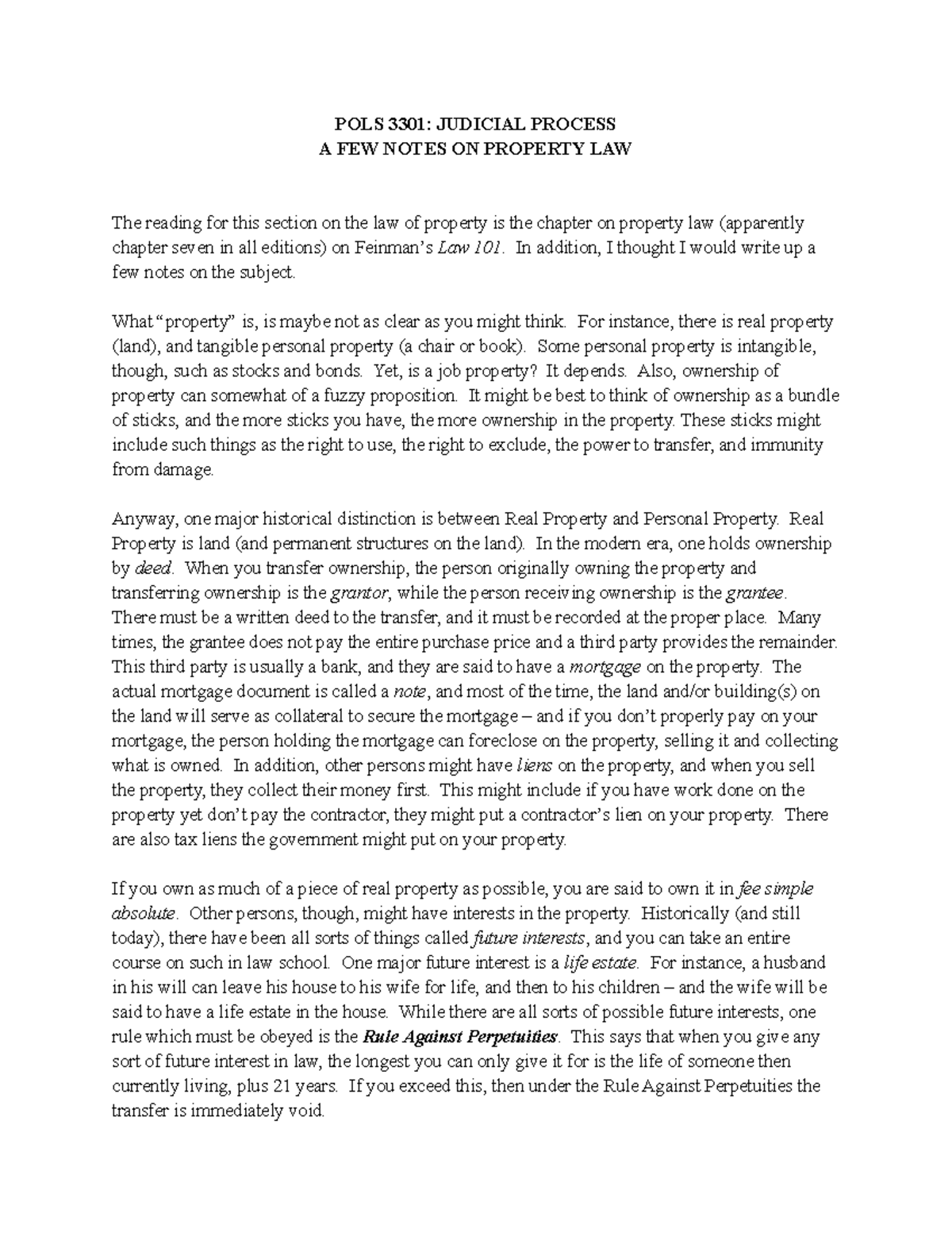 POLS 3301 property notes - POLS 3301: JUDICIAL PROCESS A FEW NOTES ON ...