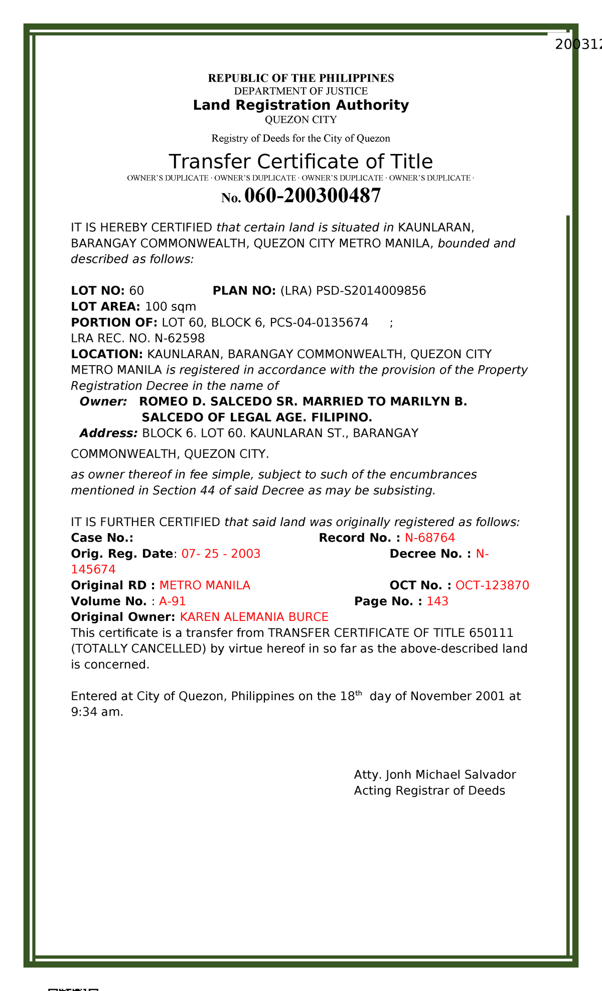 423376833 TCT Sample docx - REPUBLIC OF THE PHILIPPINES DEPARTMENT OF JUSTICE Land Registration ...