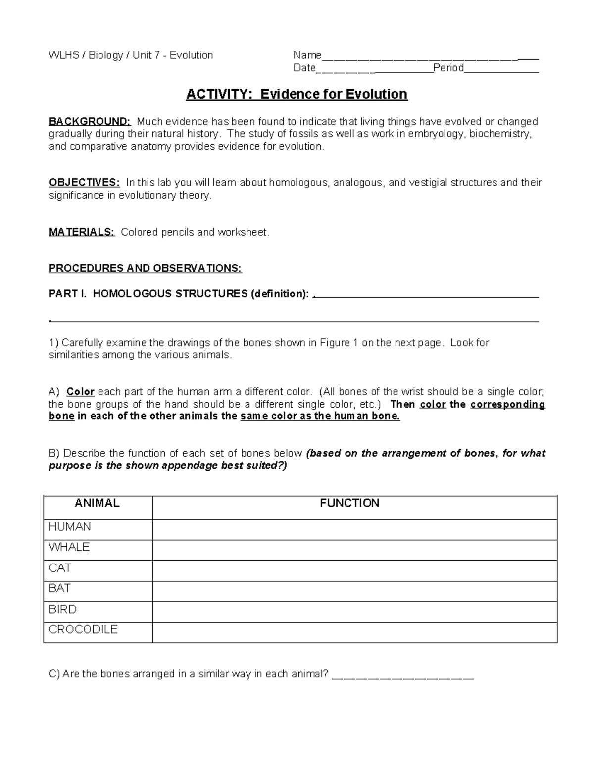 Activity - Evidence for Evo NEW - WLHS / Biology / Unit 7 - Evolution ...