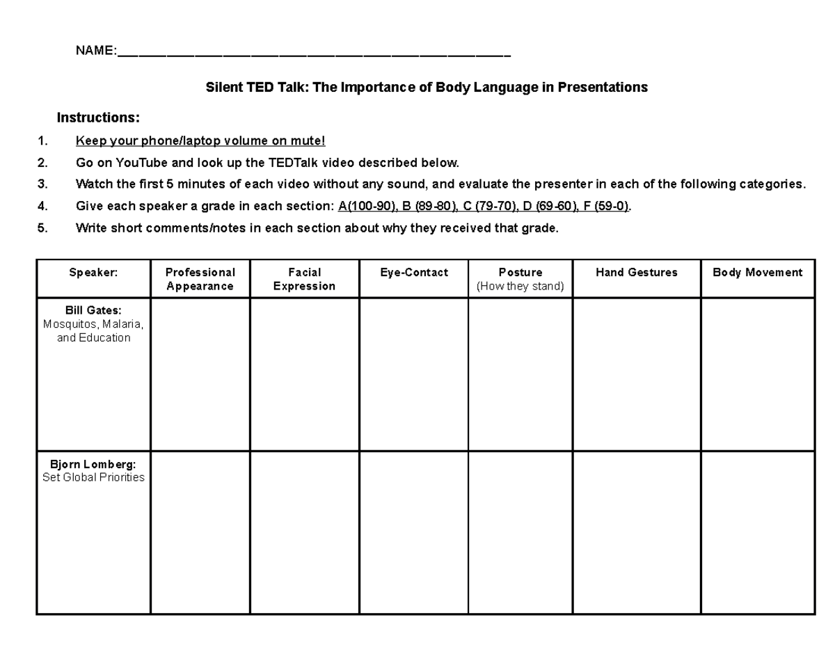 Silent TED Activity Homework - NAME