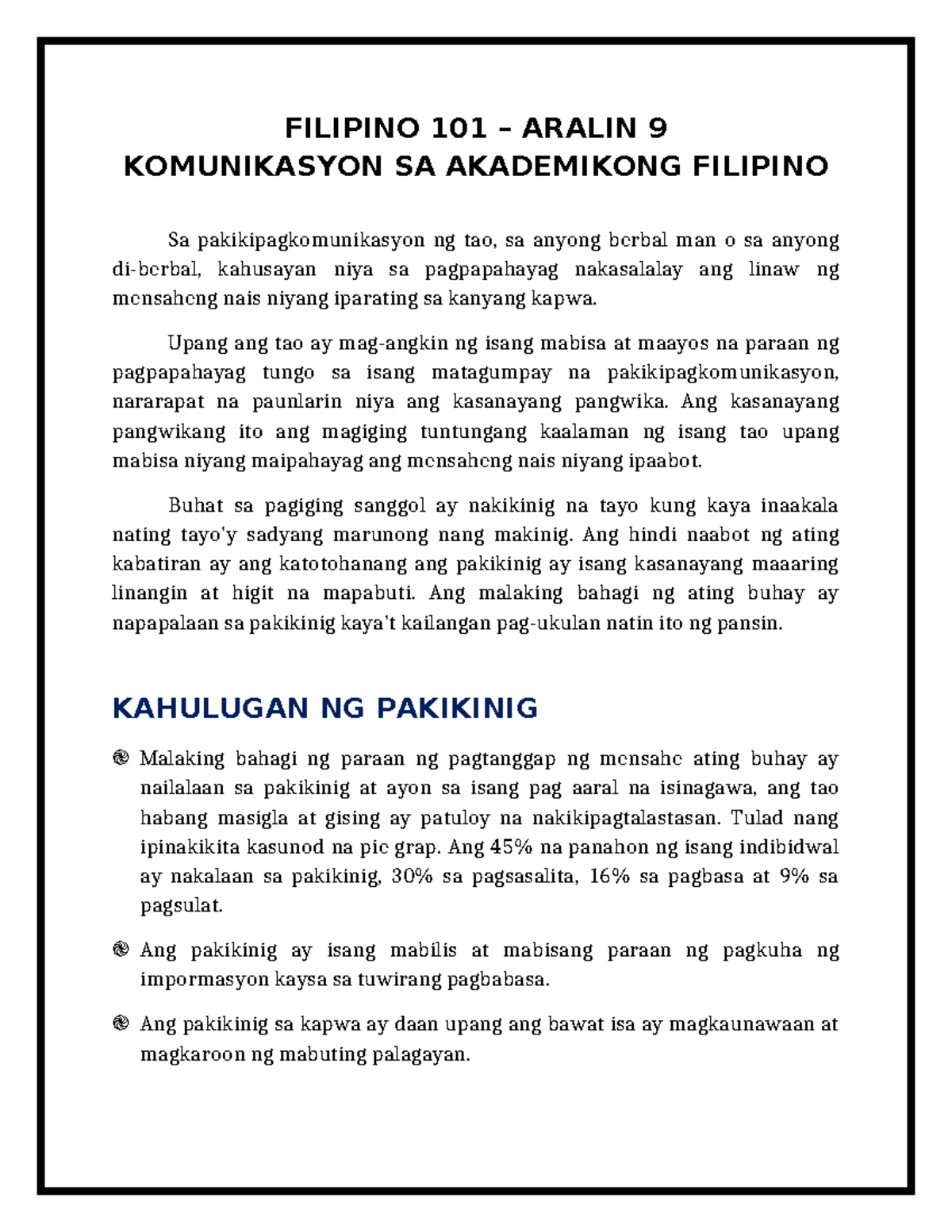 Filipino 101 - Pakikinig - FILIPINO 101 – ARALIN 9 KOMUNIKASYON SA ...