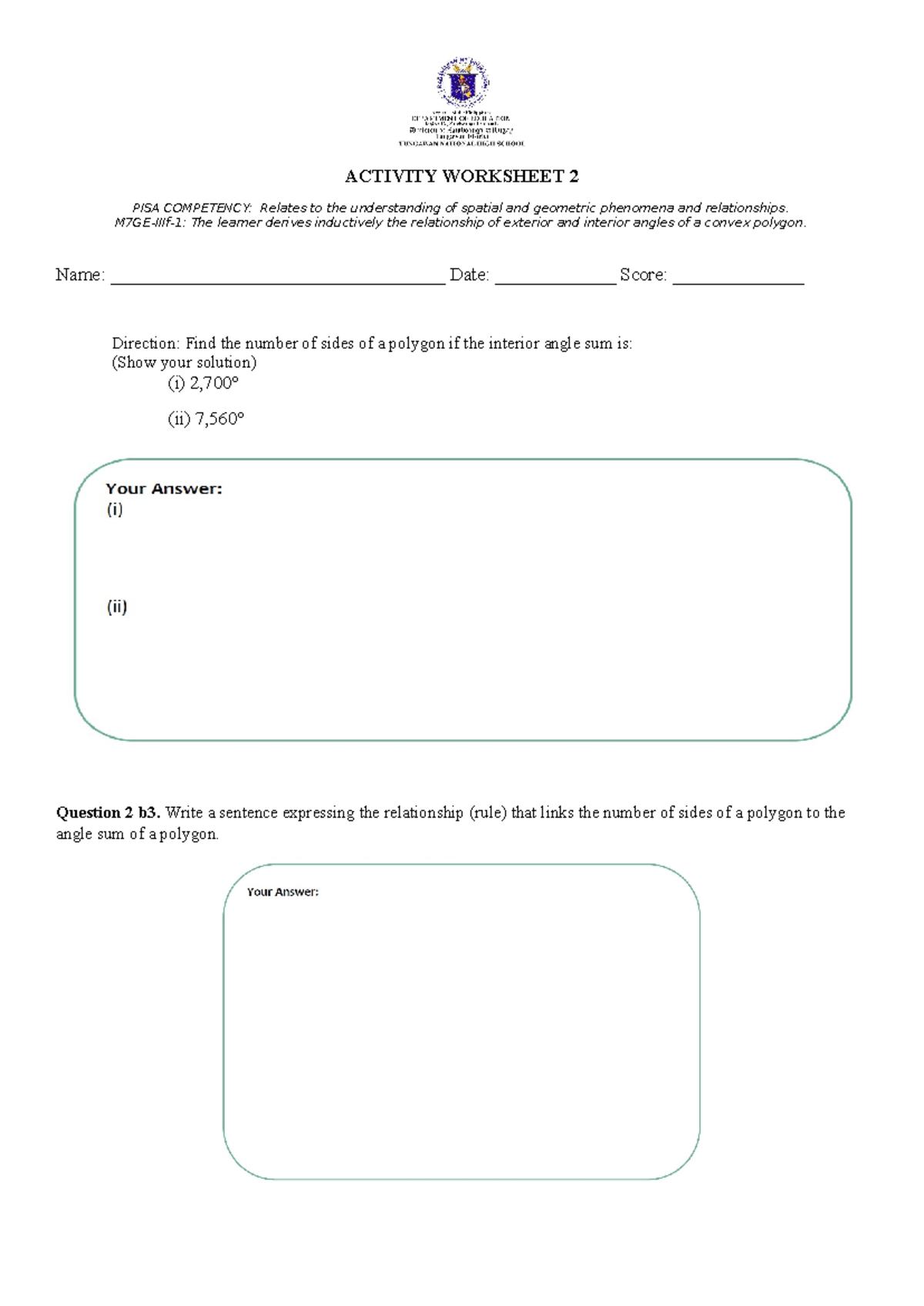 Activity 2 - Assignmnent i MATH 7 - ACTIVITY WORKSHEET 2 PISA ...